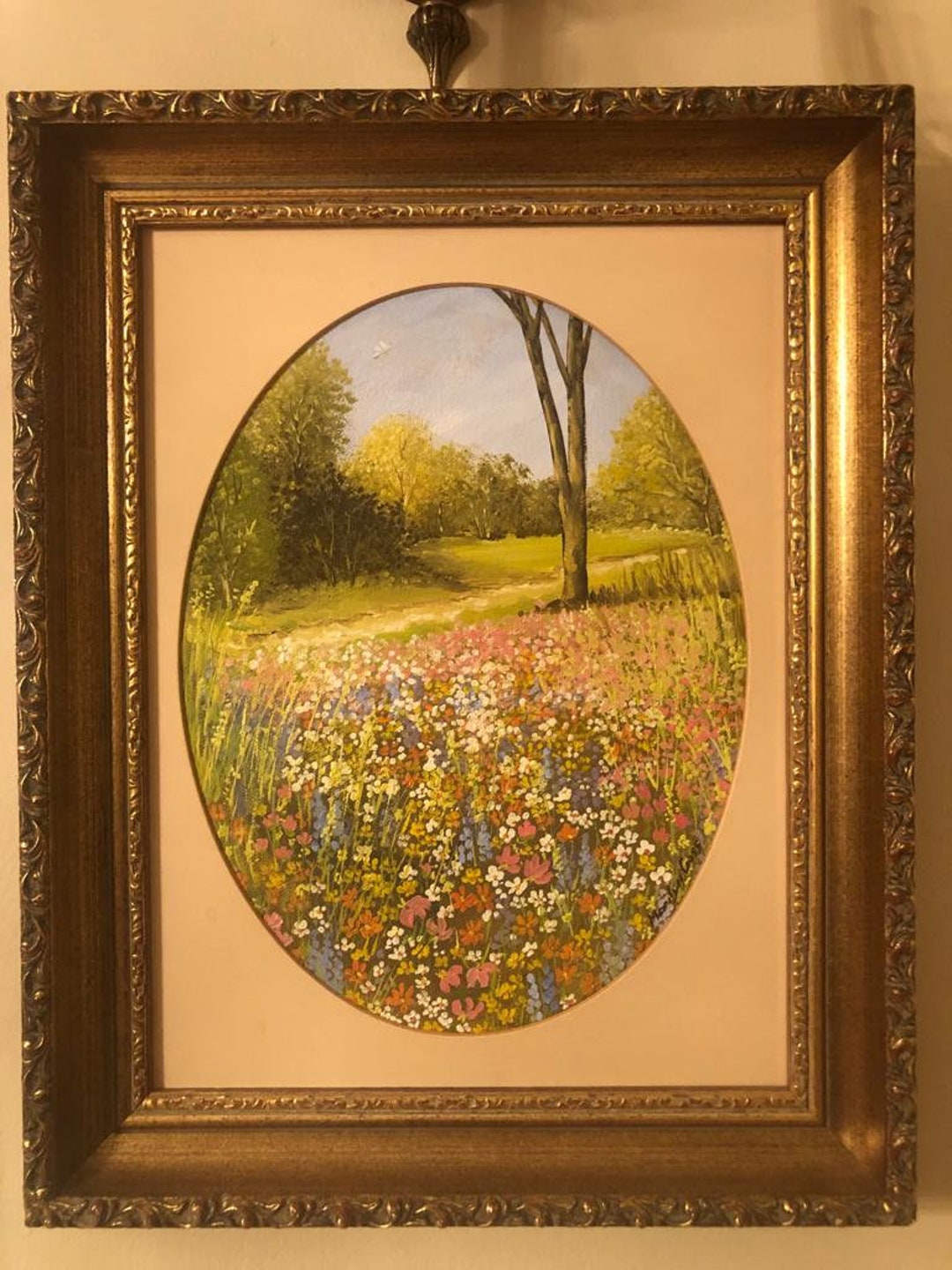 Vintage Oval Framed Wildflower Landscape Painting Signed by Artist ...
