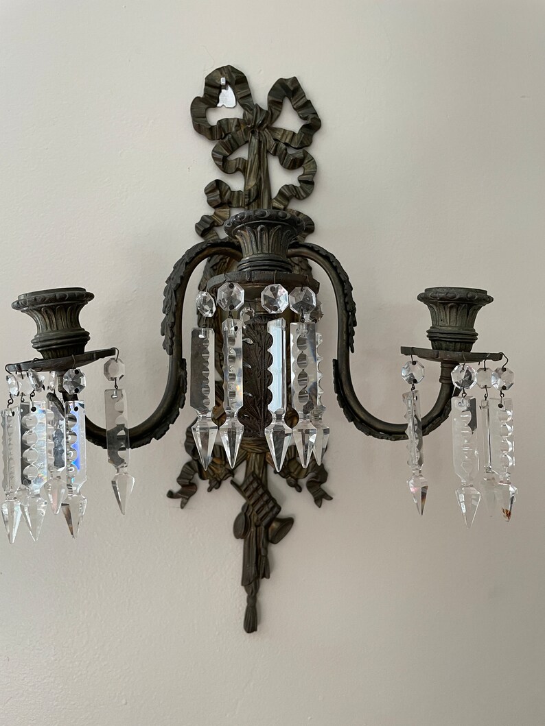 Pair of Antique 19th Century French Bronze Cut Crystal Prism 3 Arm ...