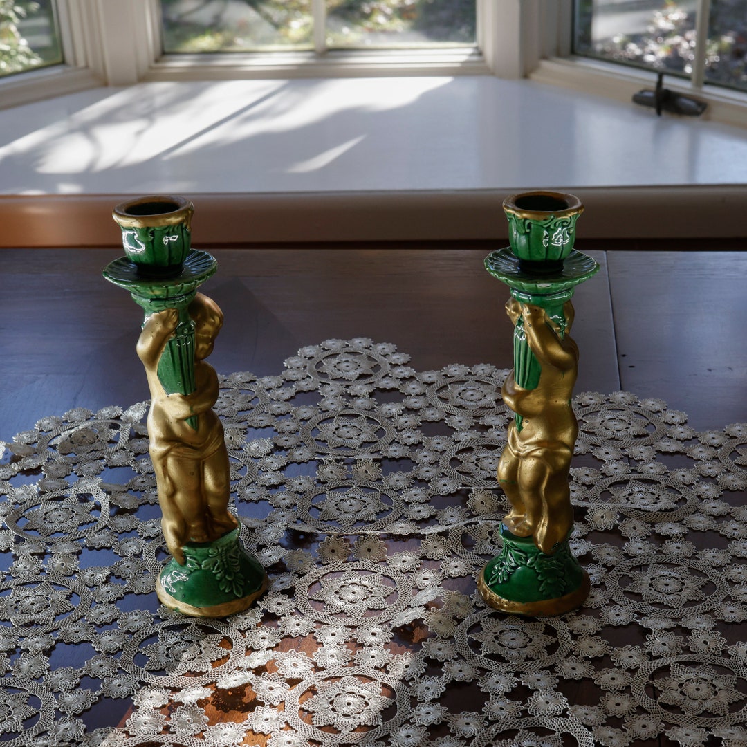 A Pair of Vintage Gold Painted Green Cherub Design Angels Candlesticks ...