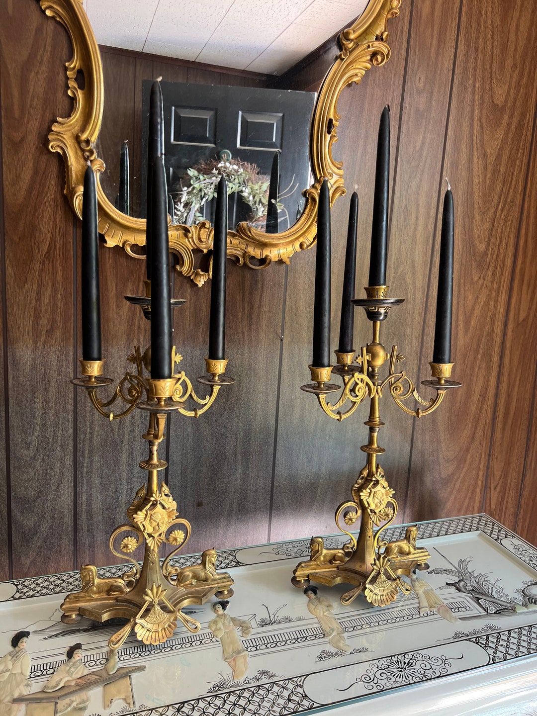 Pair of Empire 5 Light Brass Gold Black Candelabra Unique Sphinx Design ...