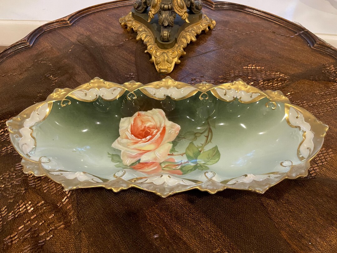 Antique Hand Painted Porcelain Bowl Pink Rose Design Ornate Gold Trim ...