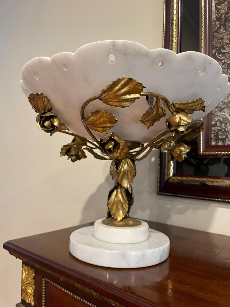 Antique White Marble Compote Centerpiece Pedestal Bowl Ornate Floral ...