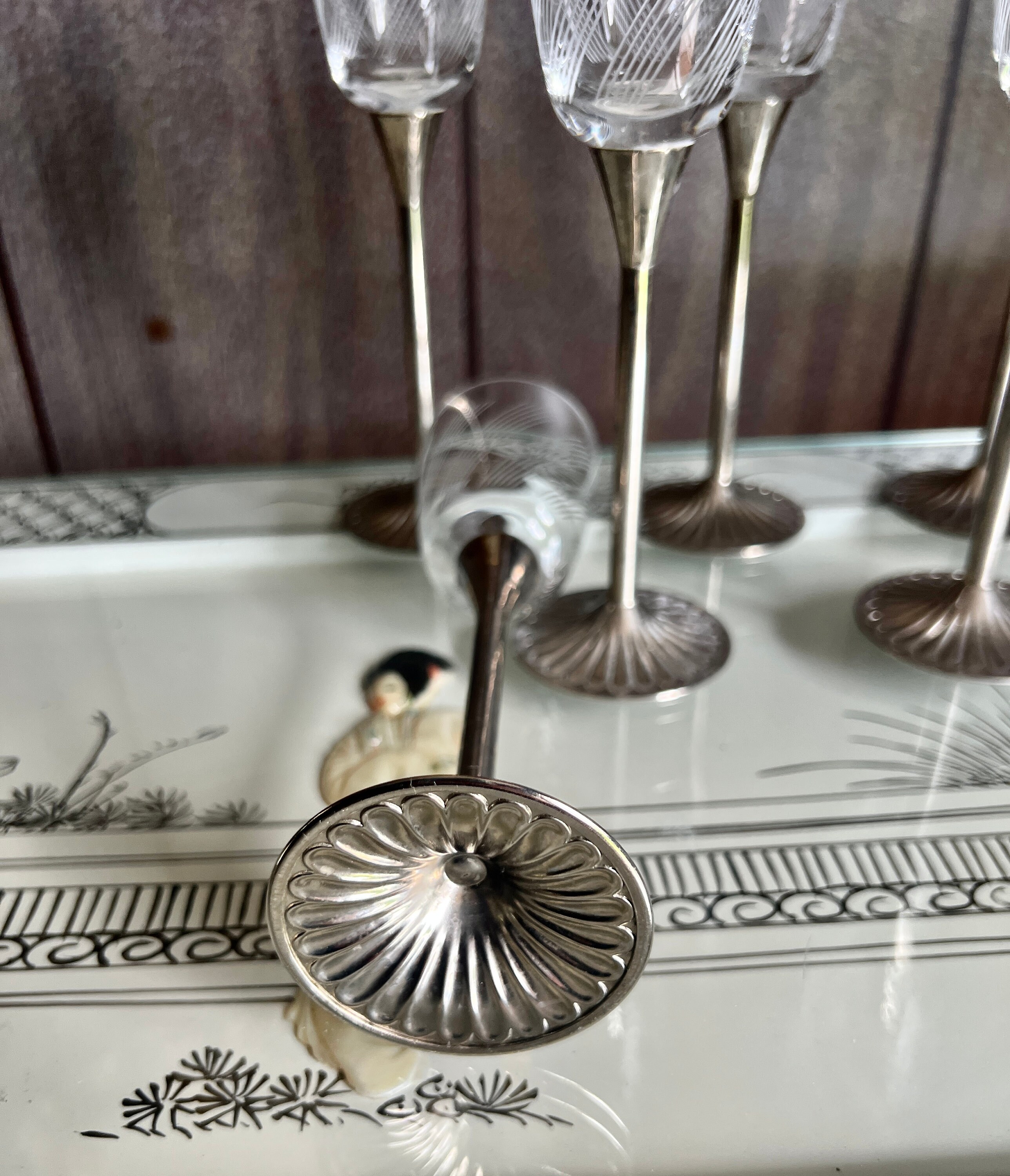 Antique Art Deco Metal Flute Crystal Etched 6pcs Set Wine Glasses - Etsy