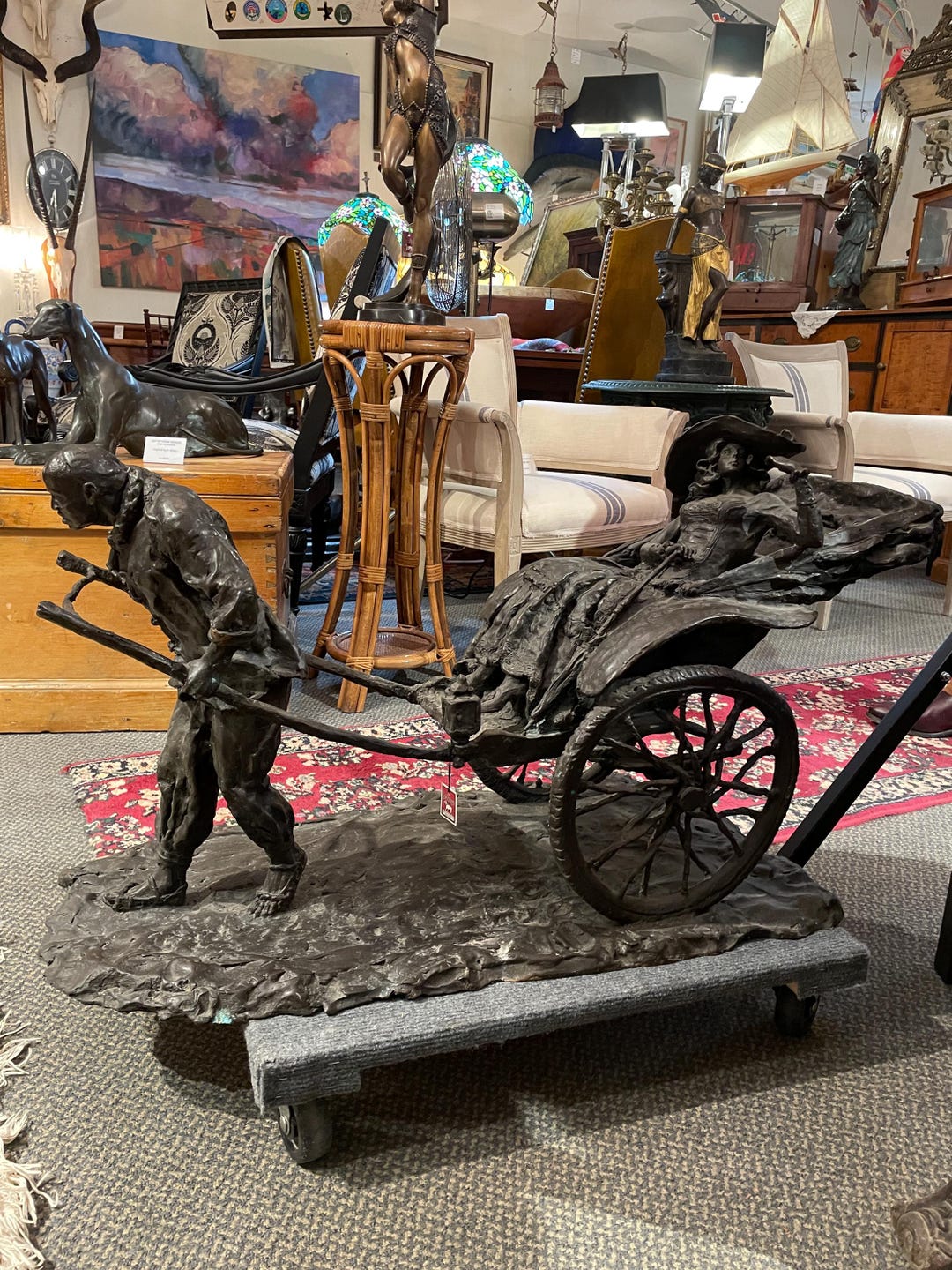 Large Bronze French Rickshaw Sculpture Antique Figurative Art Piece ...