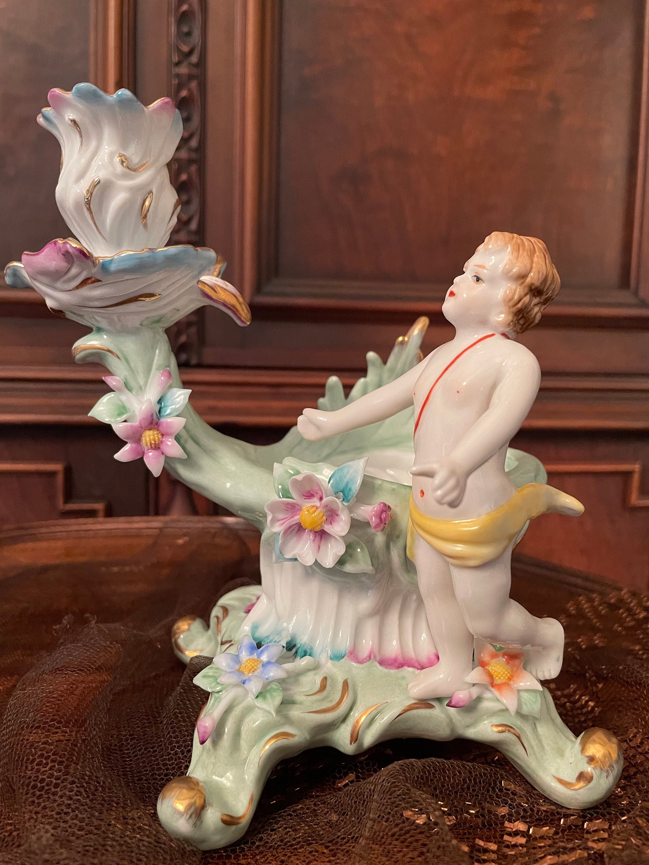 Pair of Antique Dresden Hand Painted Cherub Flower Candlesticks.made in ...