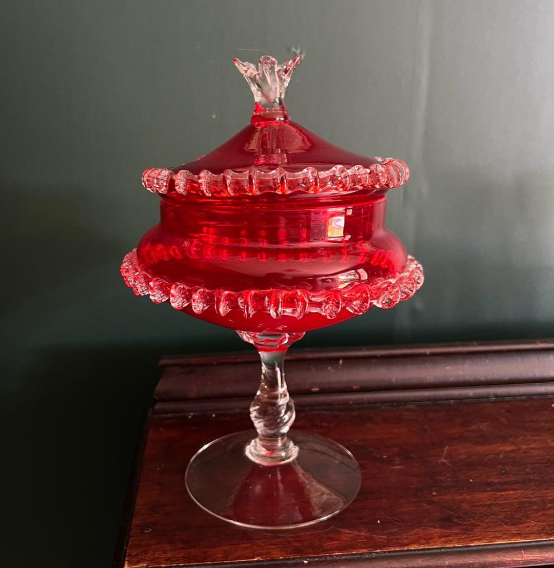 Vintage Lidded Red Glass Compote Candy Dish Pedestal Centerpiece - Etsy