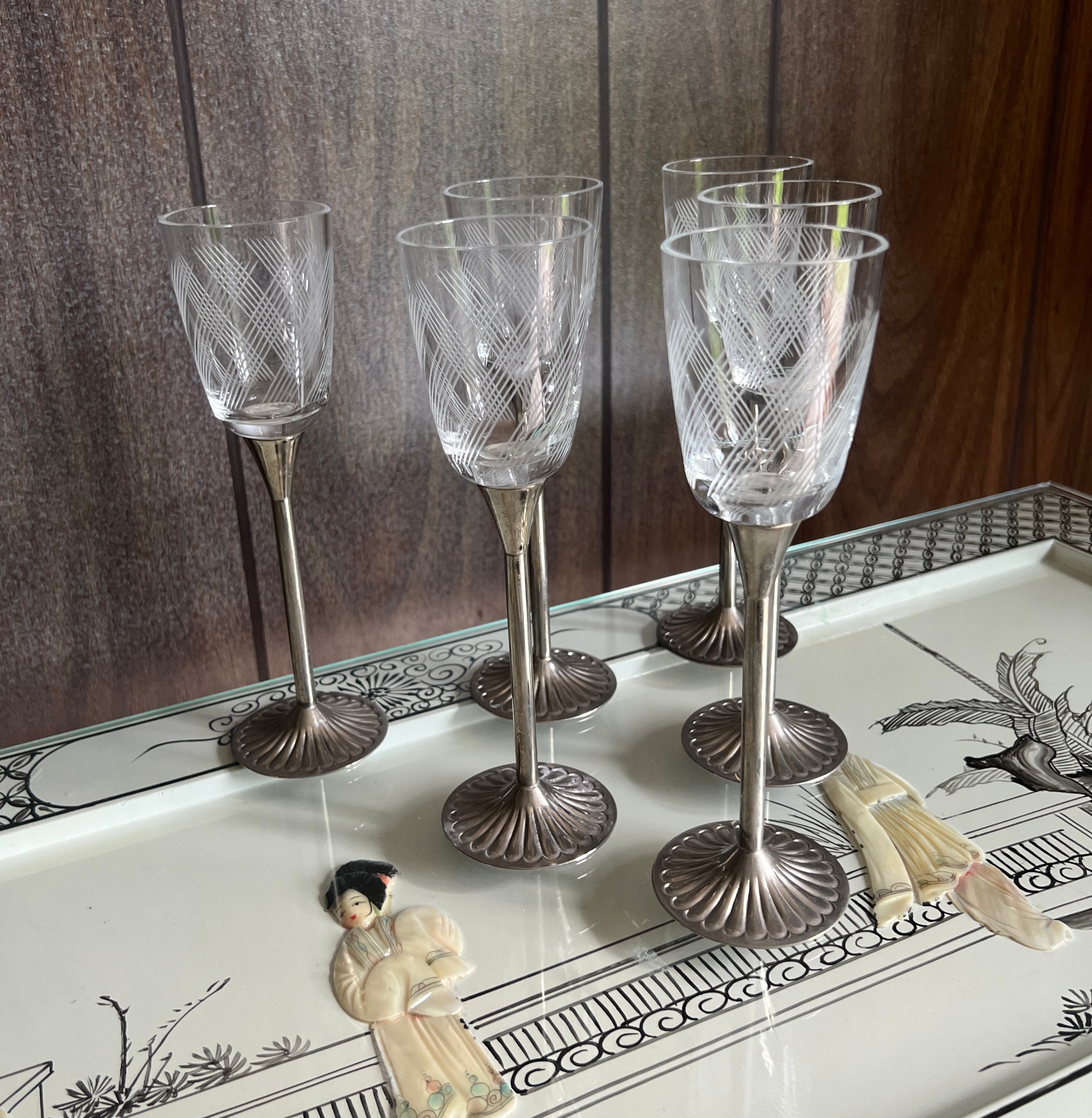 Antique Art Deco Metal Flute Crystal Etched 6pcs Set Wine Glasses - Etsy