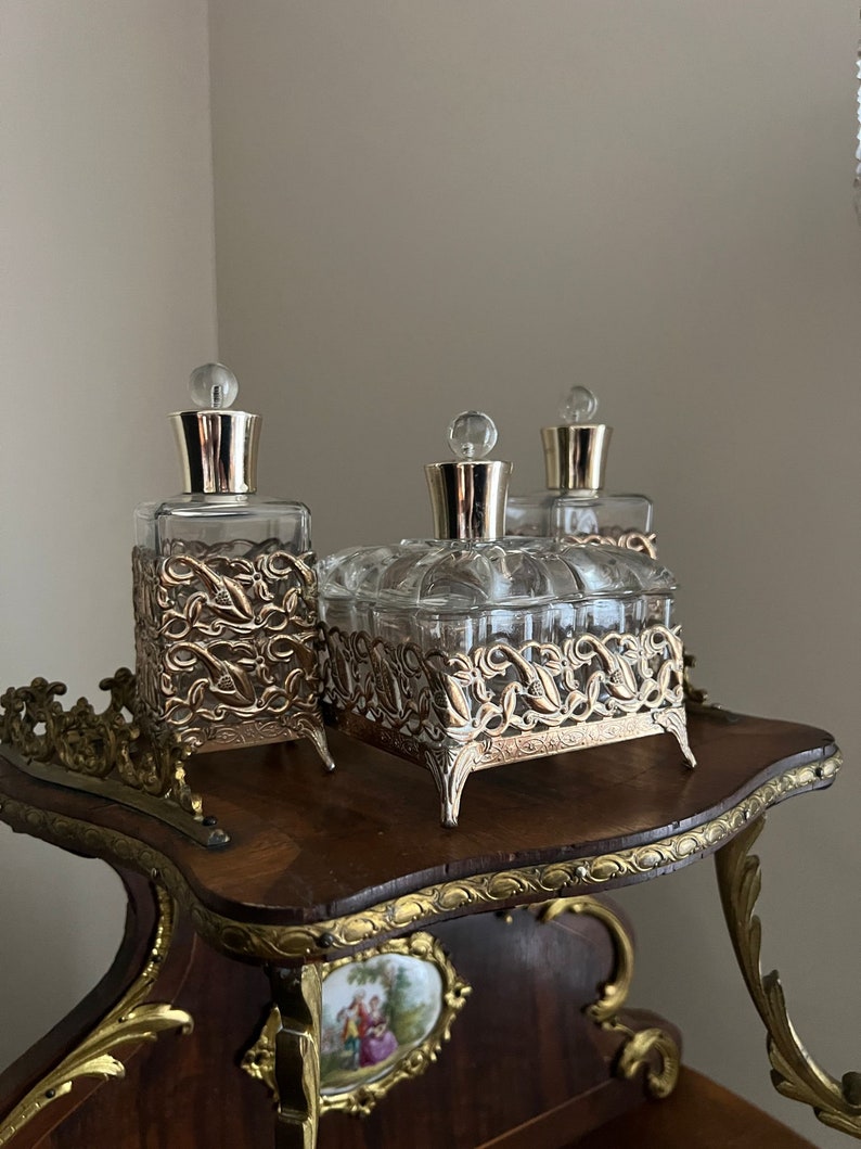 Vintage Filigree Gold Jewel Box & Perfume Bottle's 3pc Set - Etsy