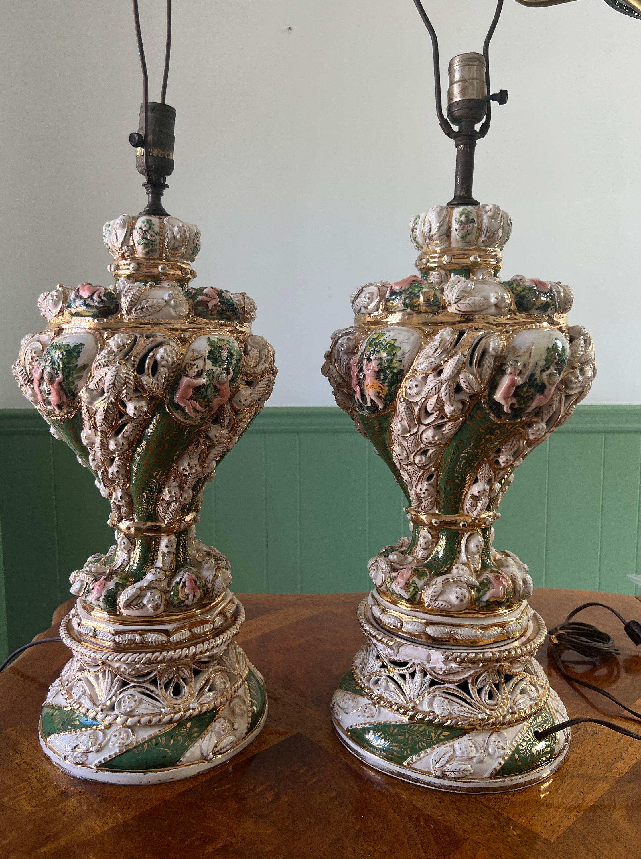 Pair of Capodimonte 1940s Porcelain Table Lamp Cherubs Green and White ...