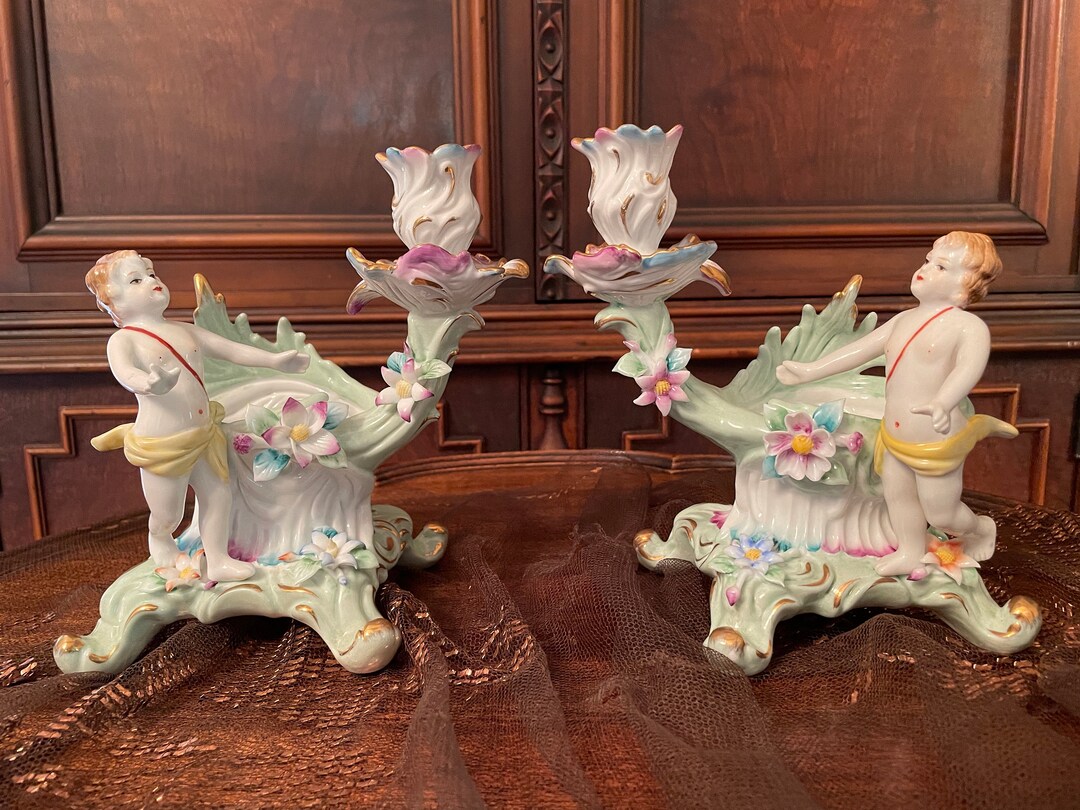Pair of Antique Dresden Hand Painted Cherub Flower Candlesticks.made in ...