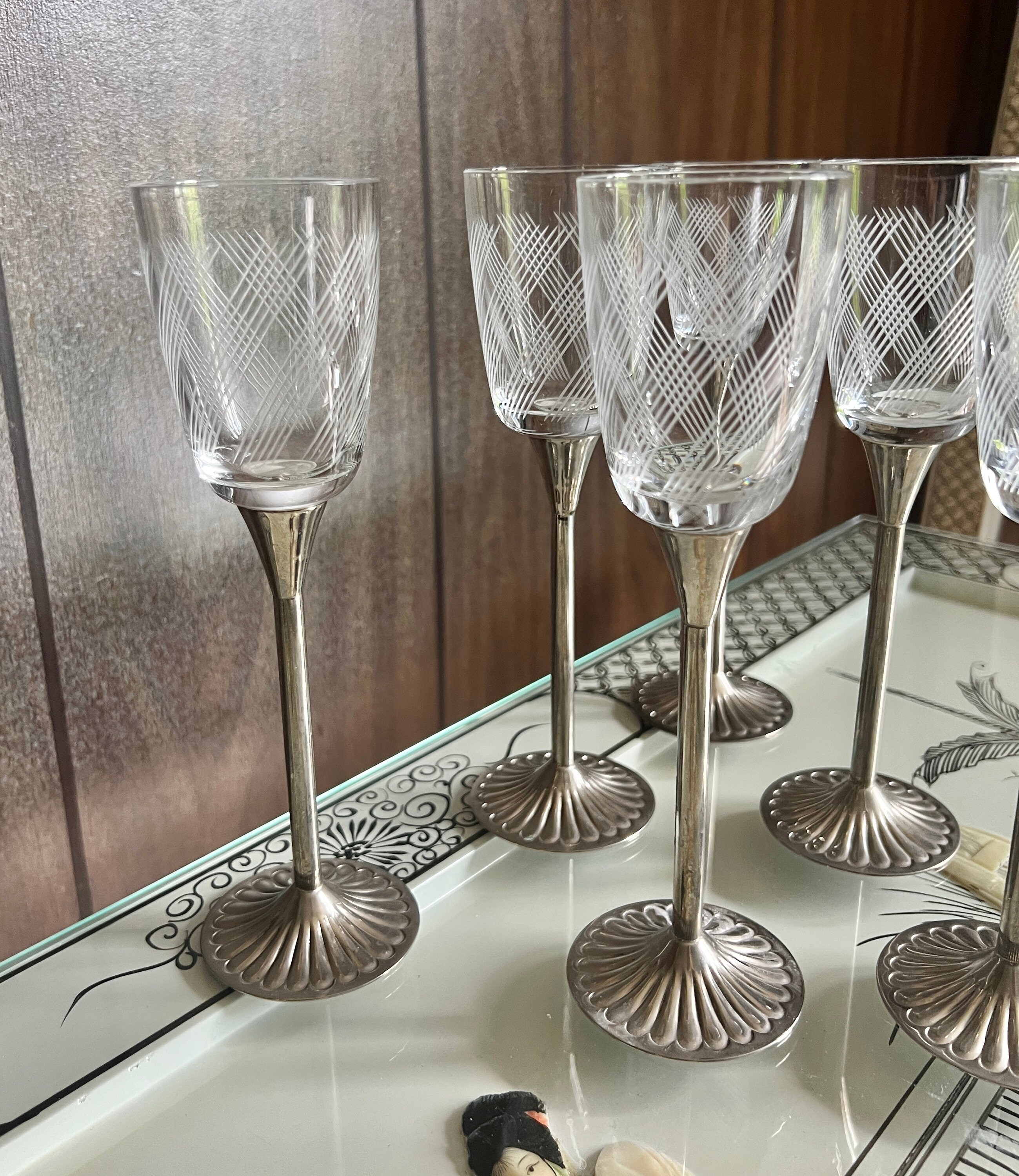 Antique Art Deco Metal Flute Crystal Etched 6pcs Set Wine Glasses - Etsy
