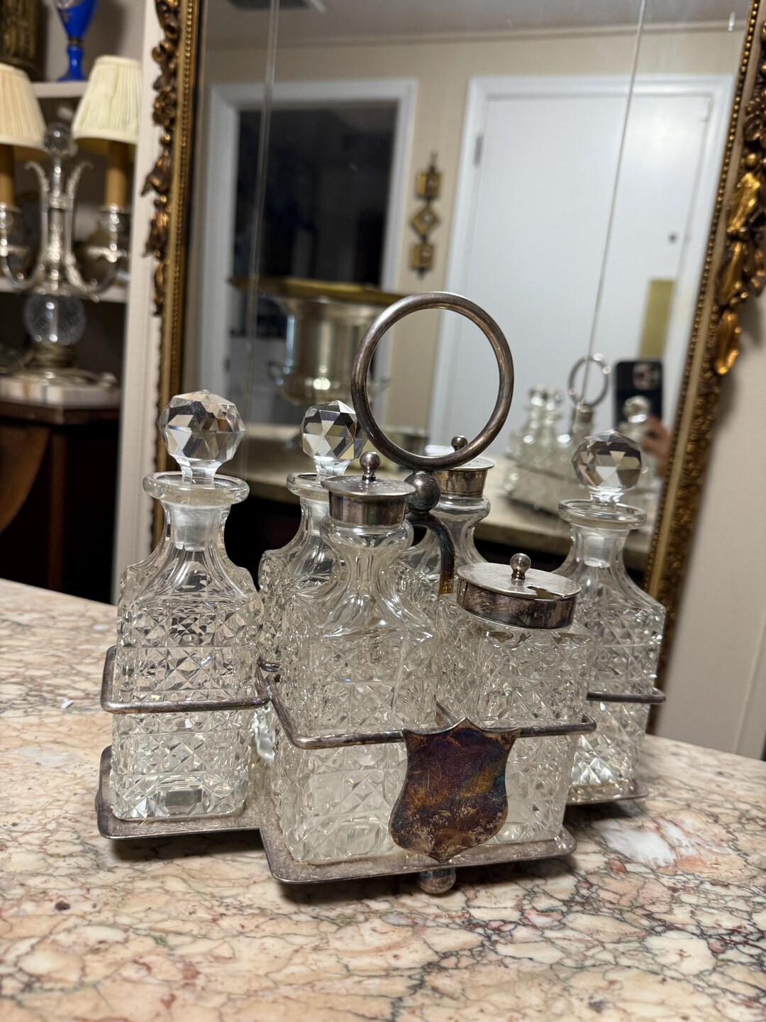 Antique Victorian Crystal Cruet Set Silver Plated Stand Cut Glass Oil ...