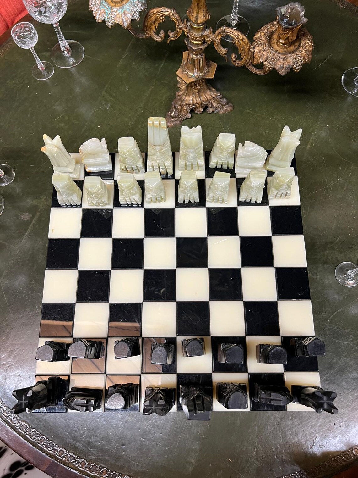 Vintage Hand Carved Onyx Marble Chess Set Complete Mid Century Modern ...