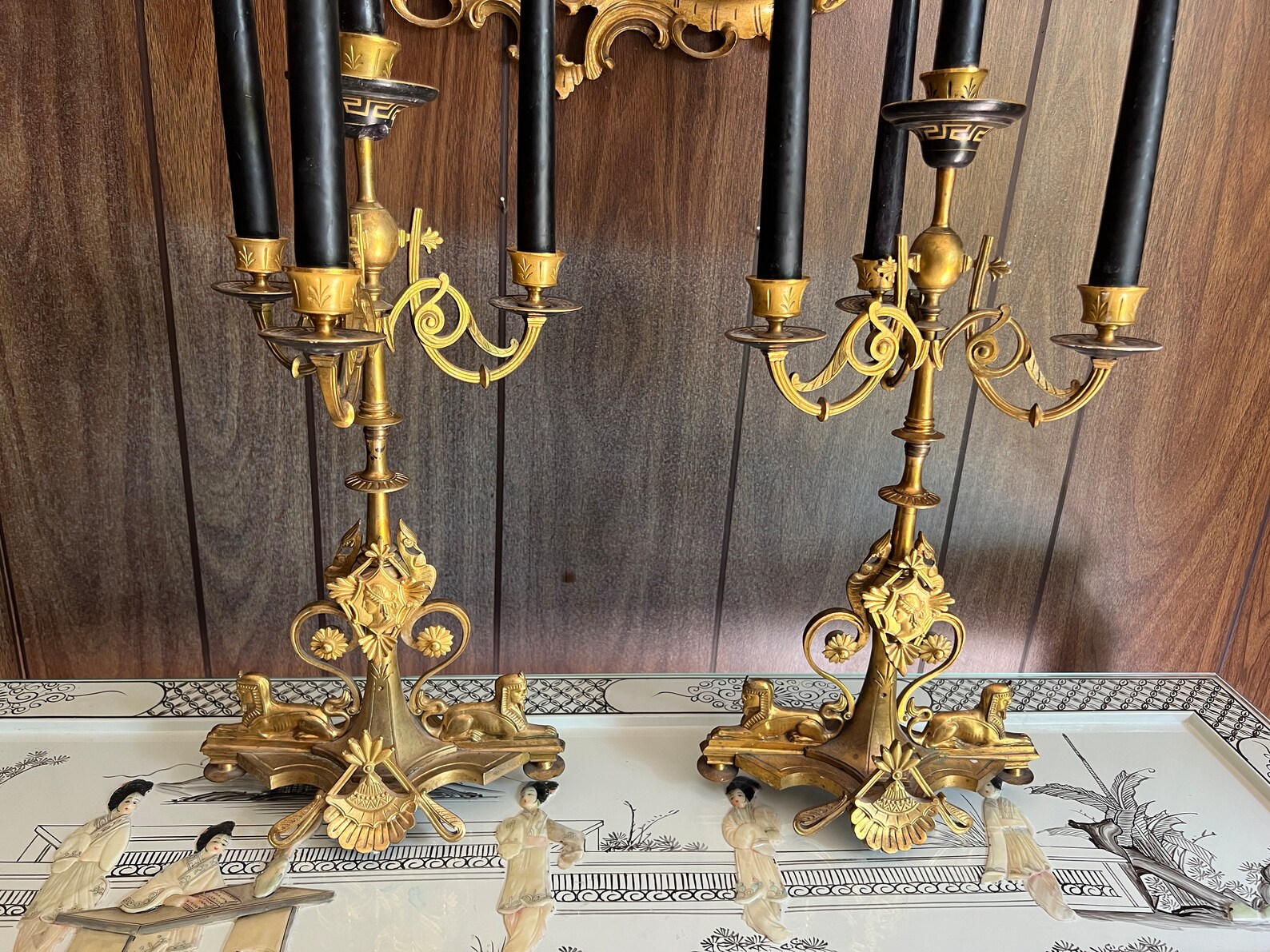 Pair of Empire 5 Light Brass Gold Black Candelabra Unique Sphinx Design ...