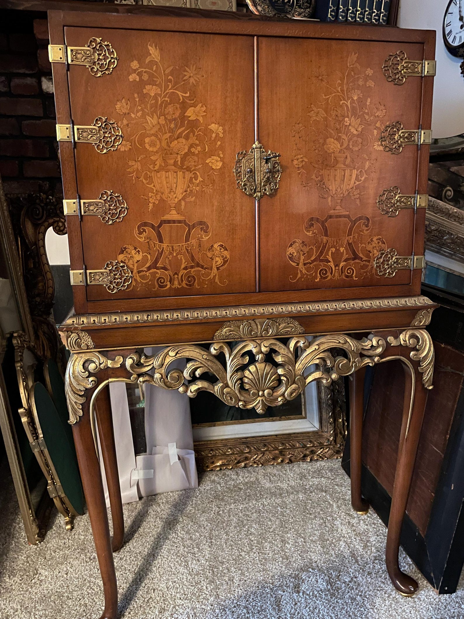 Vintage Brass Hinges French Style Accent Cabinet Floral Inlay Cabinet ...