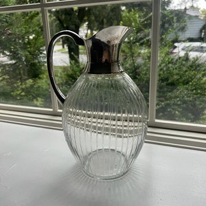 Vintage Glass Water Pitcher Silver Rim Ribbed Design Elegant Table ...