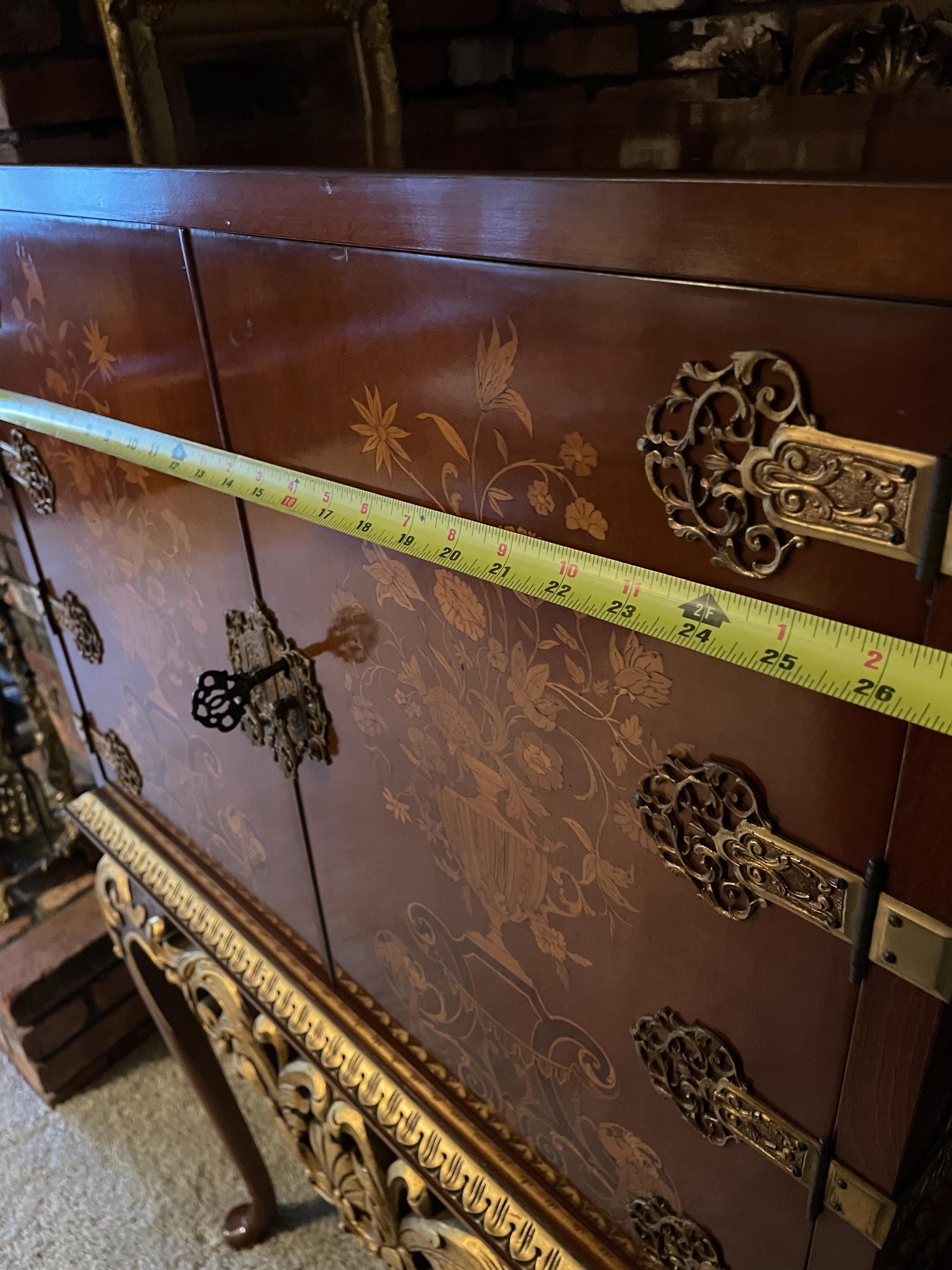 Vintage Brass Hinges French Style Accent Cabinet Floral Inlay Cabinet ...