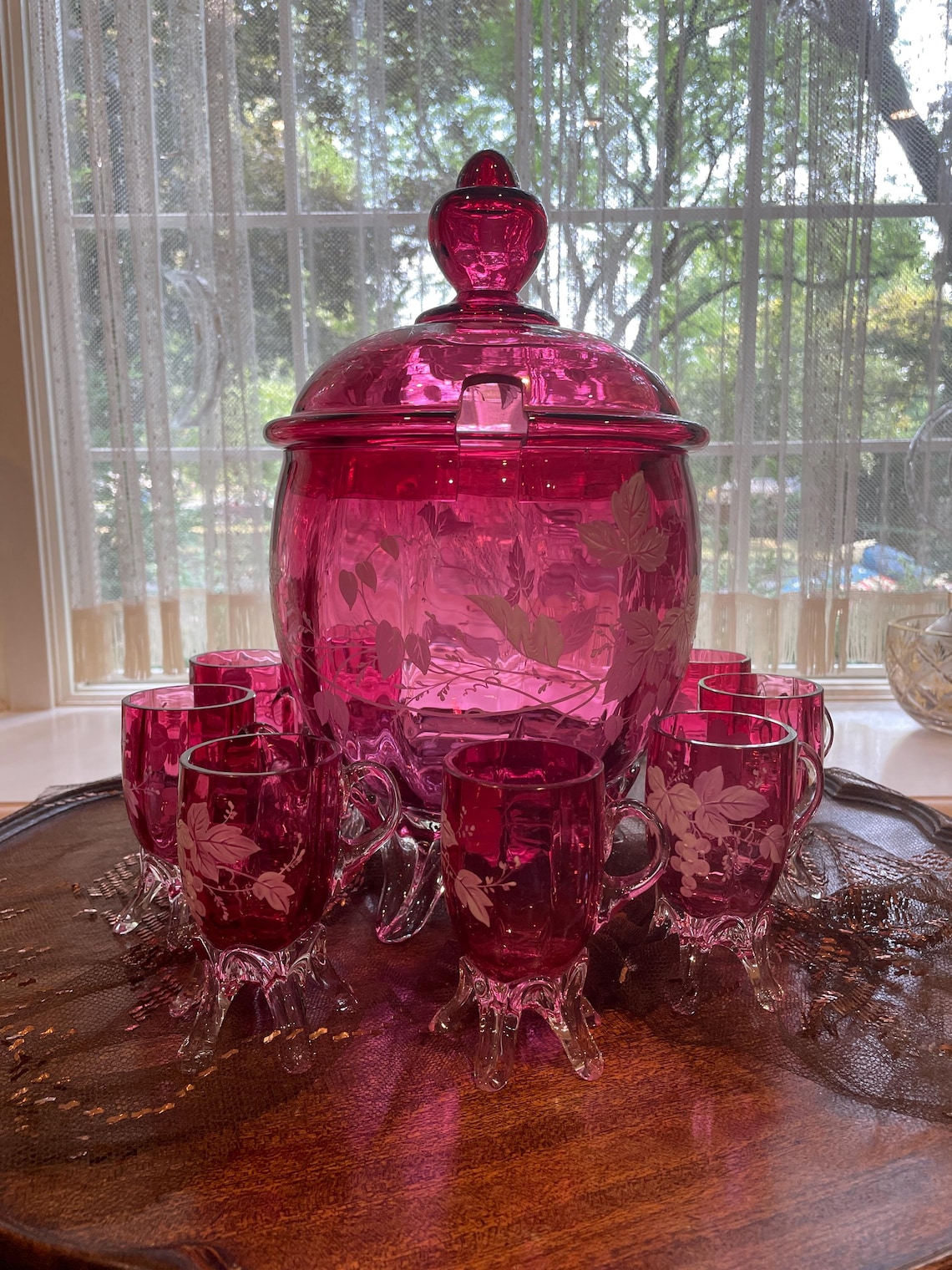 Vintage Ruby Red Glass Punch Bowl Set Etched Grape Leaf Crystal Mugs ...