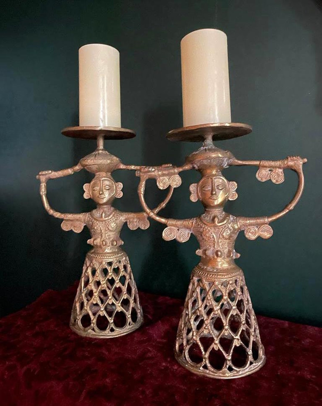 Handcrafted Vintage Pair Brass Doll Candle Stand Candelabra Folk Art ...