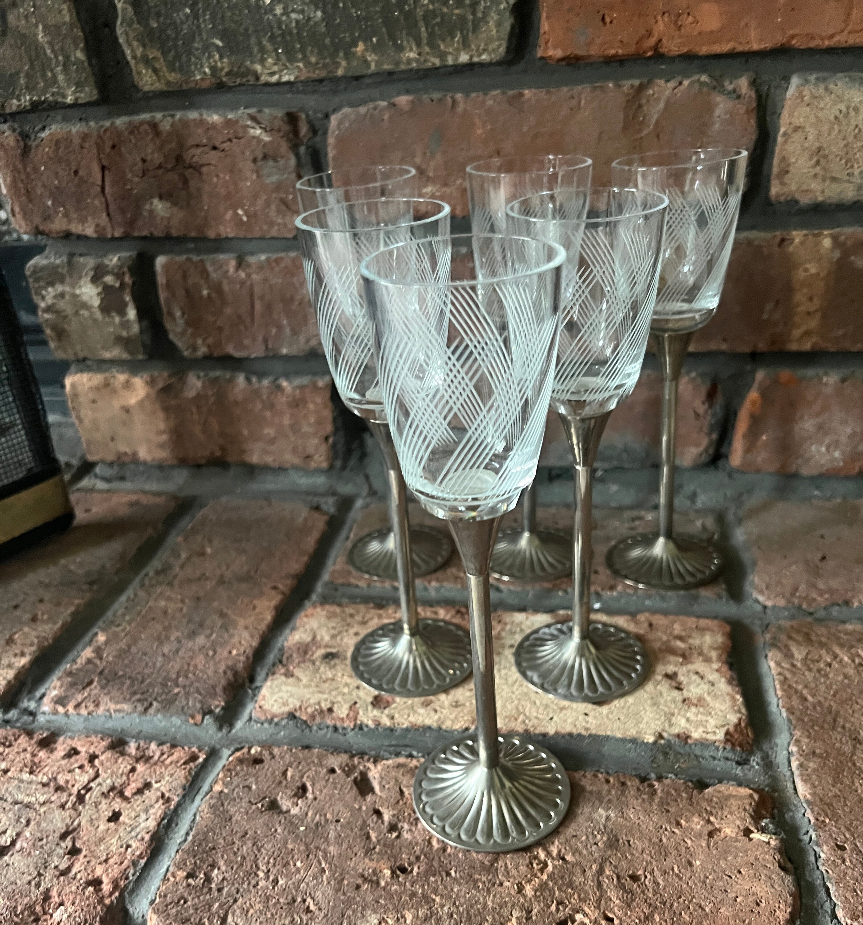Antique Art Deco Metal Flute Crystal Etched 6pcs Set Wine Glasses - Etsy