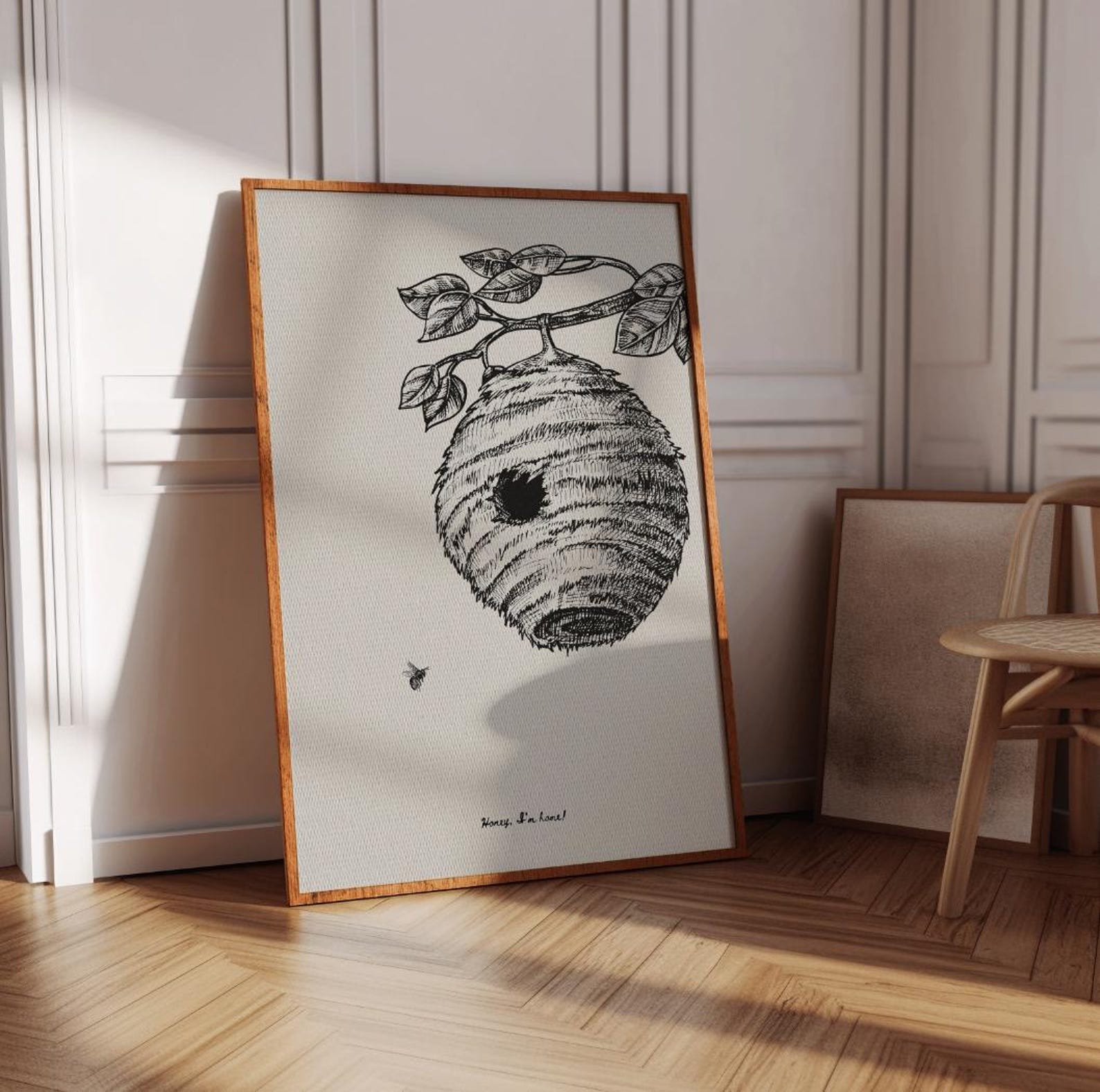 Honey, I'm Home - Bee Hive, Black and White Sketch Art - Rustic Country ...