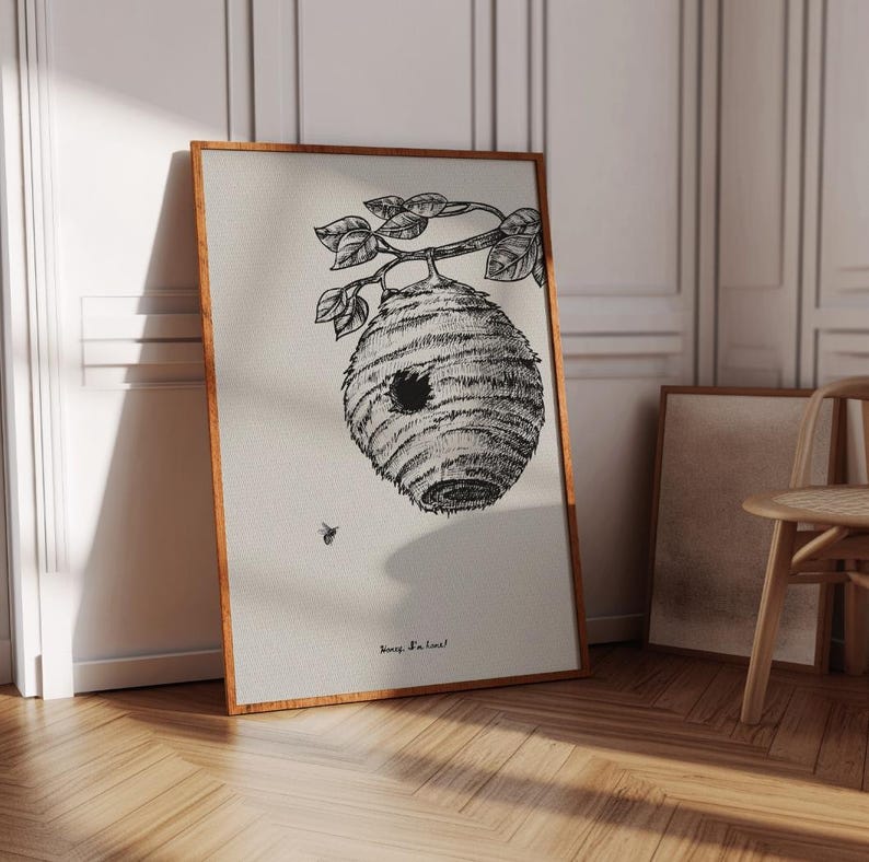 Honey, I'm Home - Bee Hive, Black and White Sketch Art - Rustic Country ...