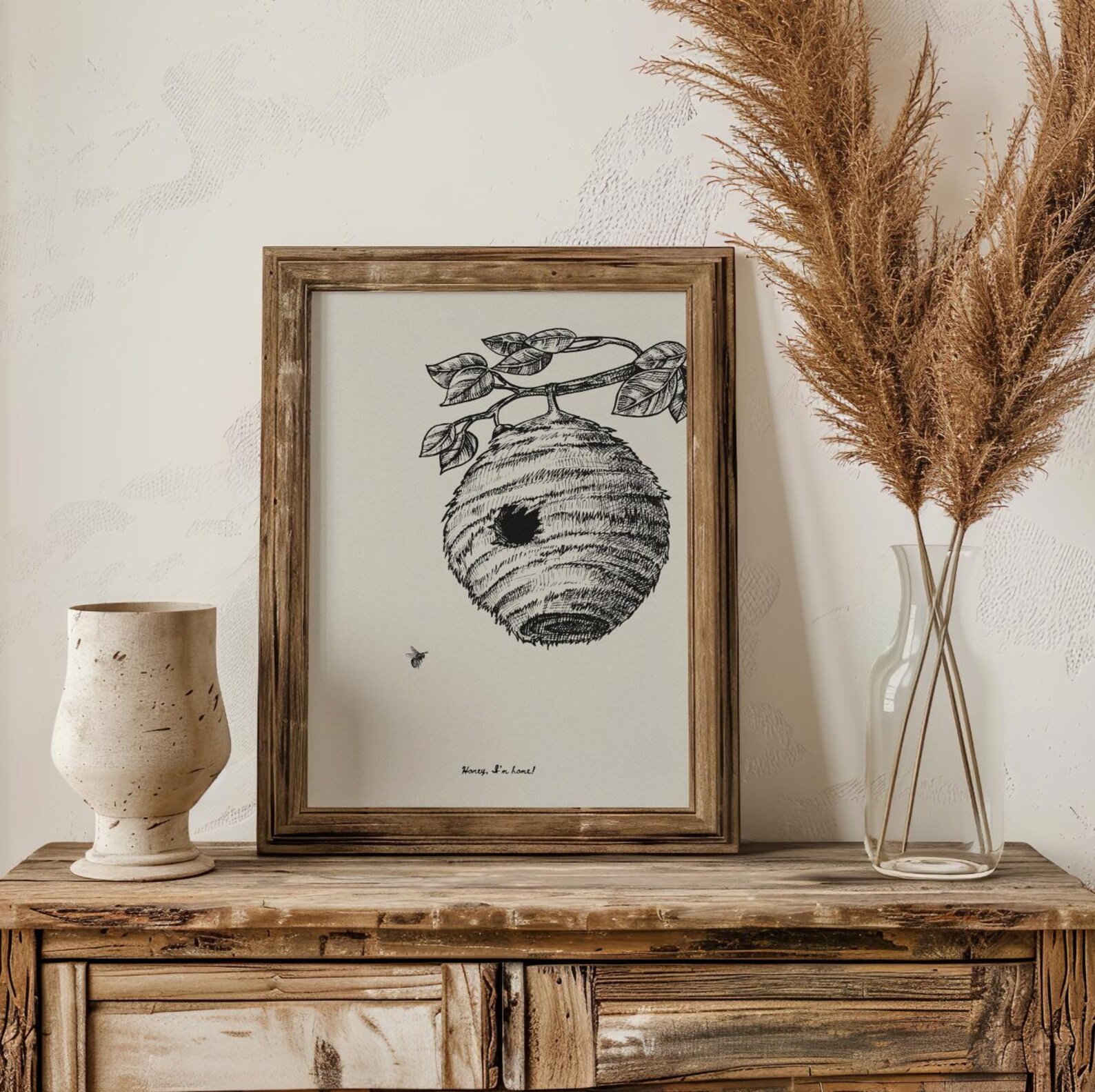 Honey, I'm Home - Bee Hive, Black and White Sketch Art - Rustic Country ...