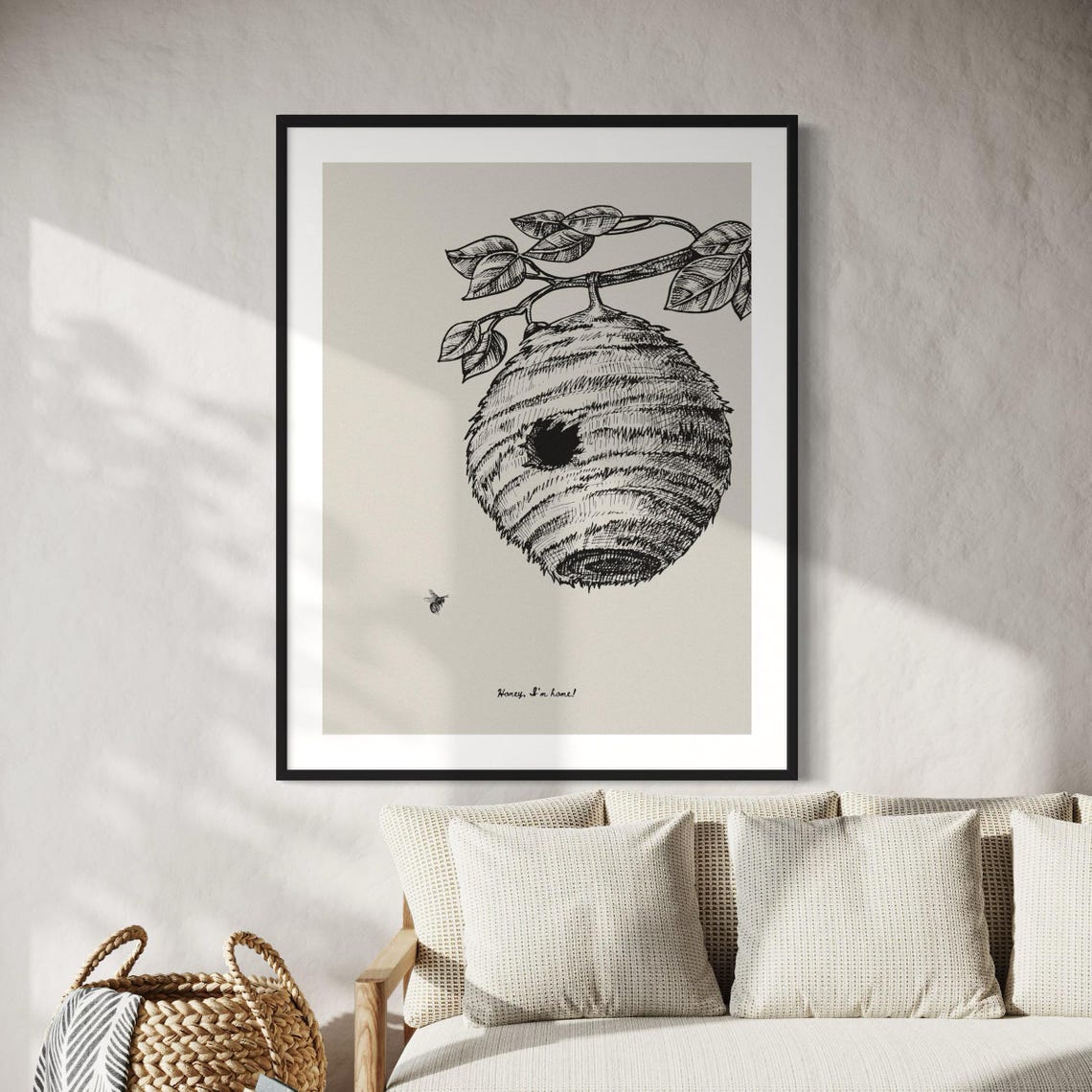 Honey, I'm Home - Bee Hive, Black and White Sketch Art - Rustic Country ...