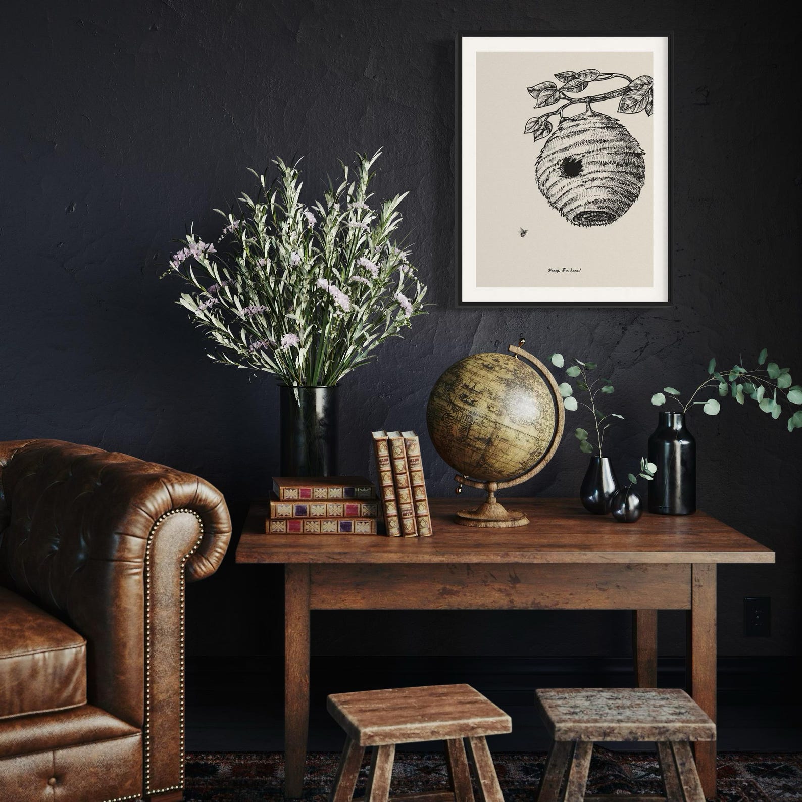 Honey, I'm Home - Bee Hive, Black and White Sketch Art - Rustic Country ...