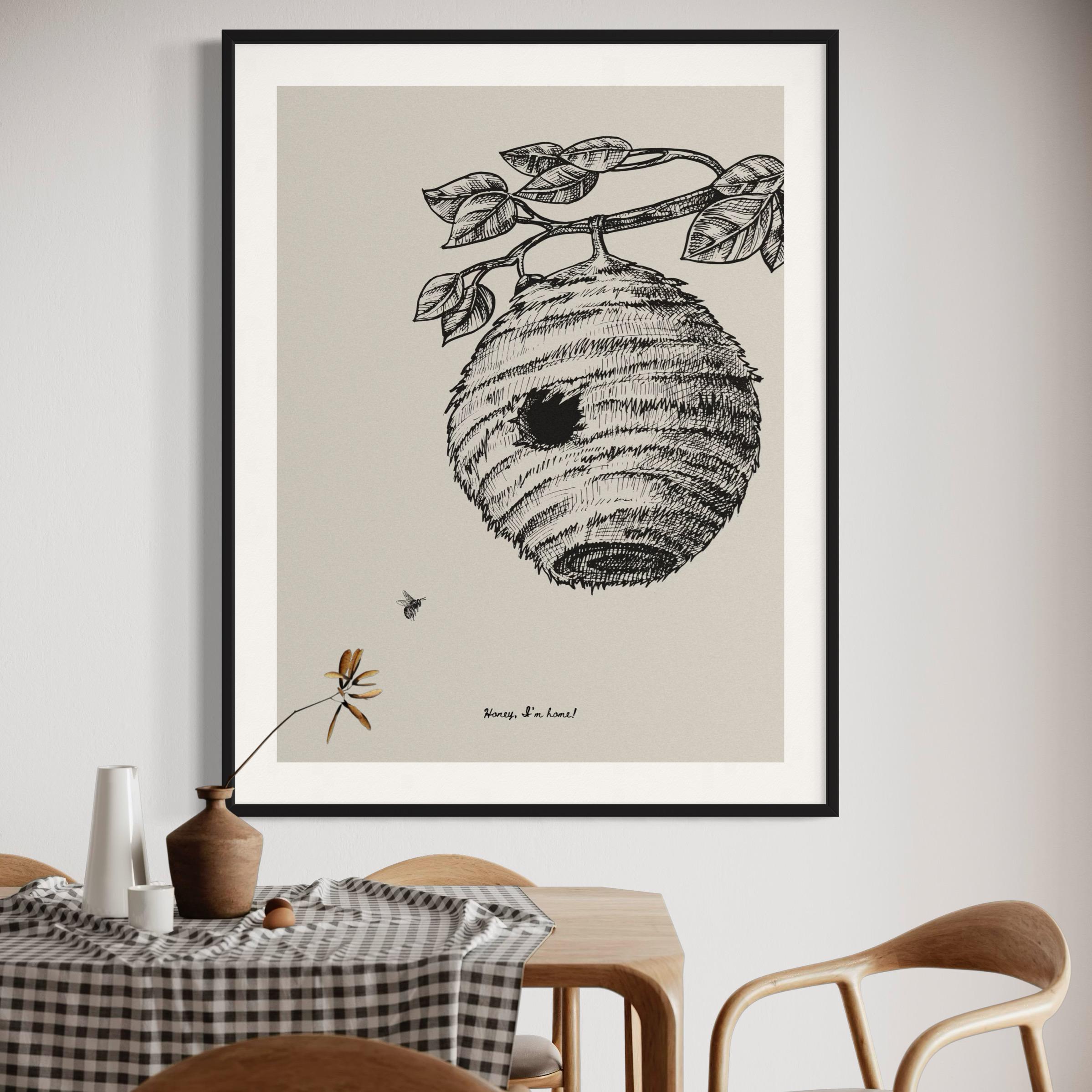 Honey, I'm Home - Bee Hive, Black and White Sketch Art - Rustic Country ...