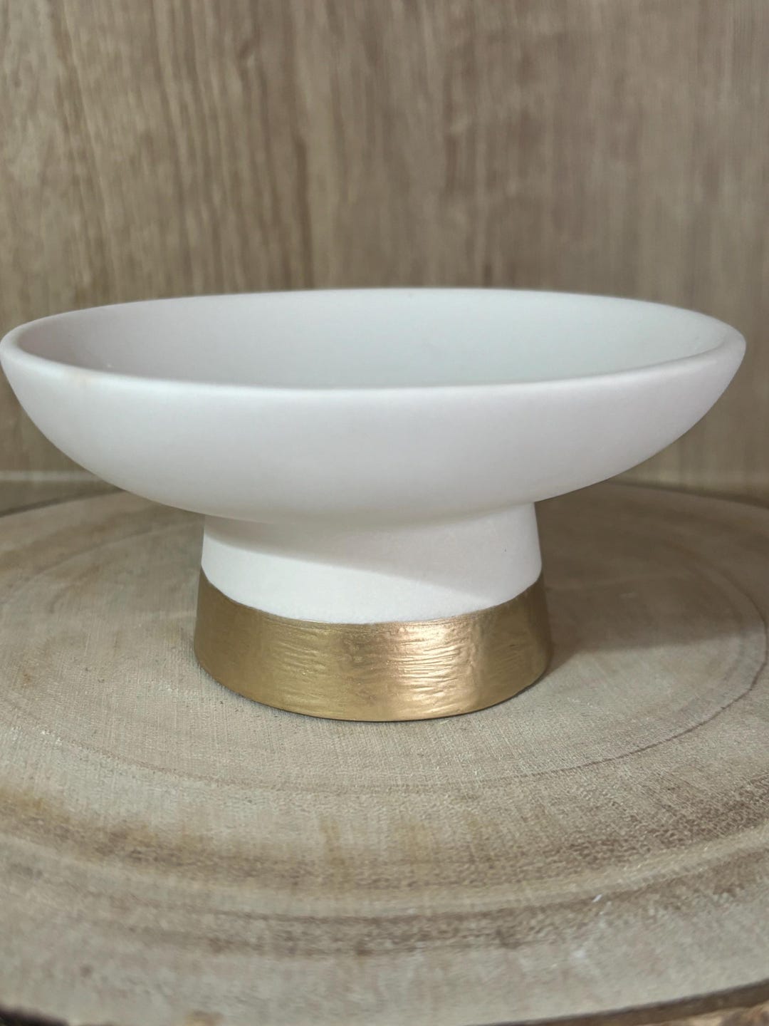 Handmade Pedestal Dish | Concrete Bowl | White and Gold Dish ...