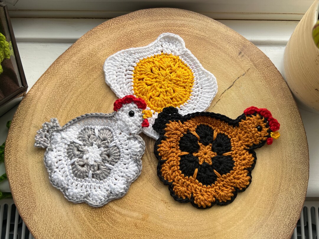African Flower Chicken Crochet Coaster Pattern: Egg & Chicken Coasters ...