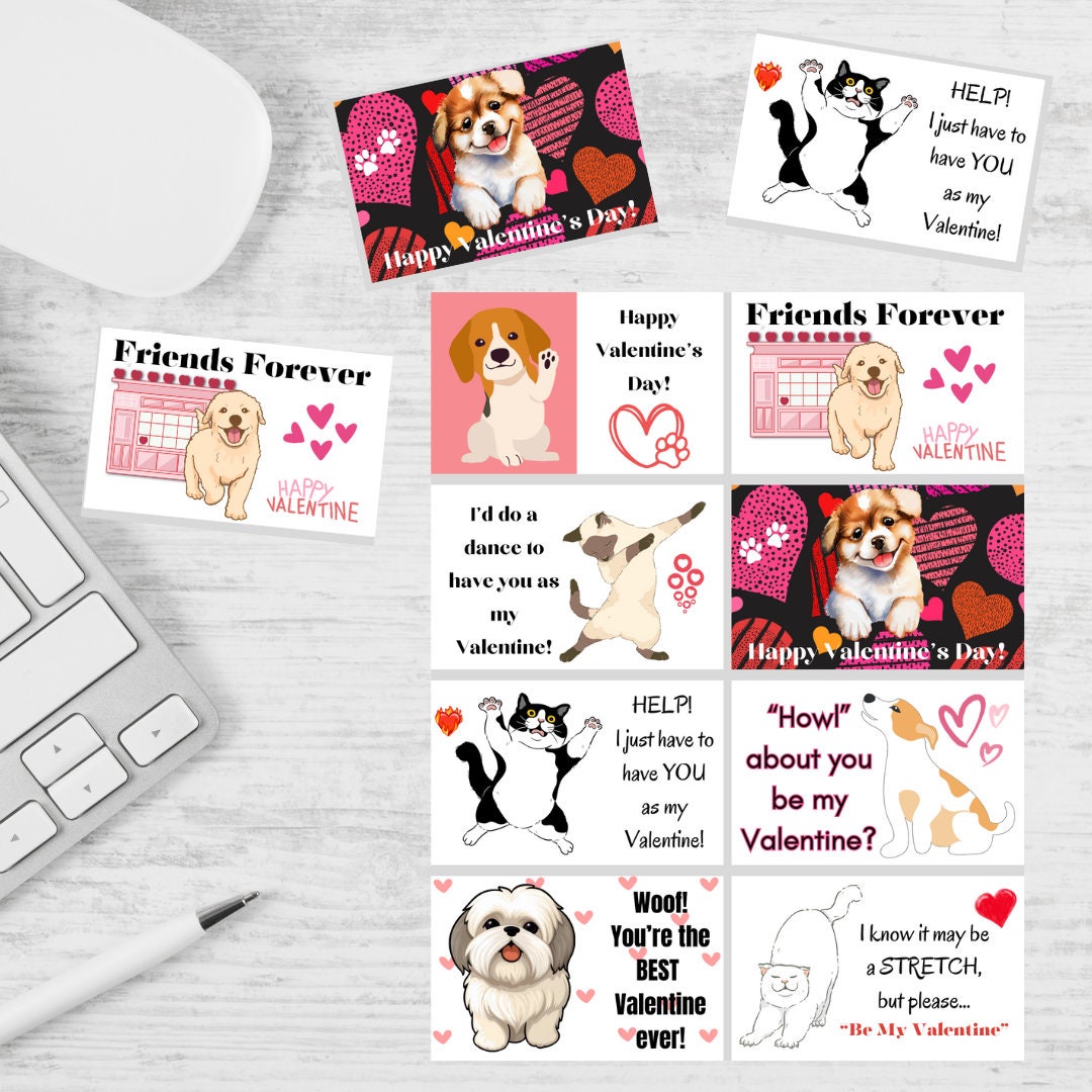 Printable Dog Valentine's Day Cards Kids Classroom Cat Valentine Tags ...