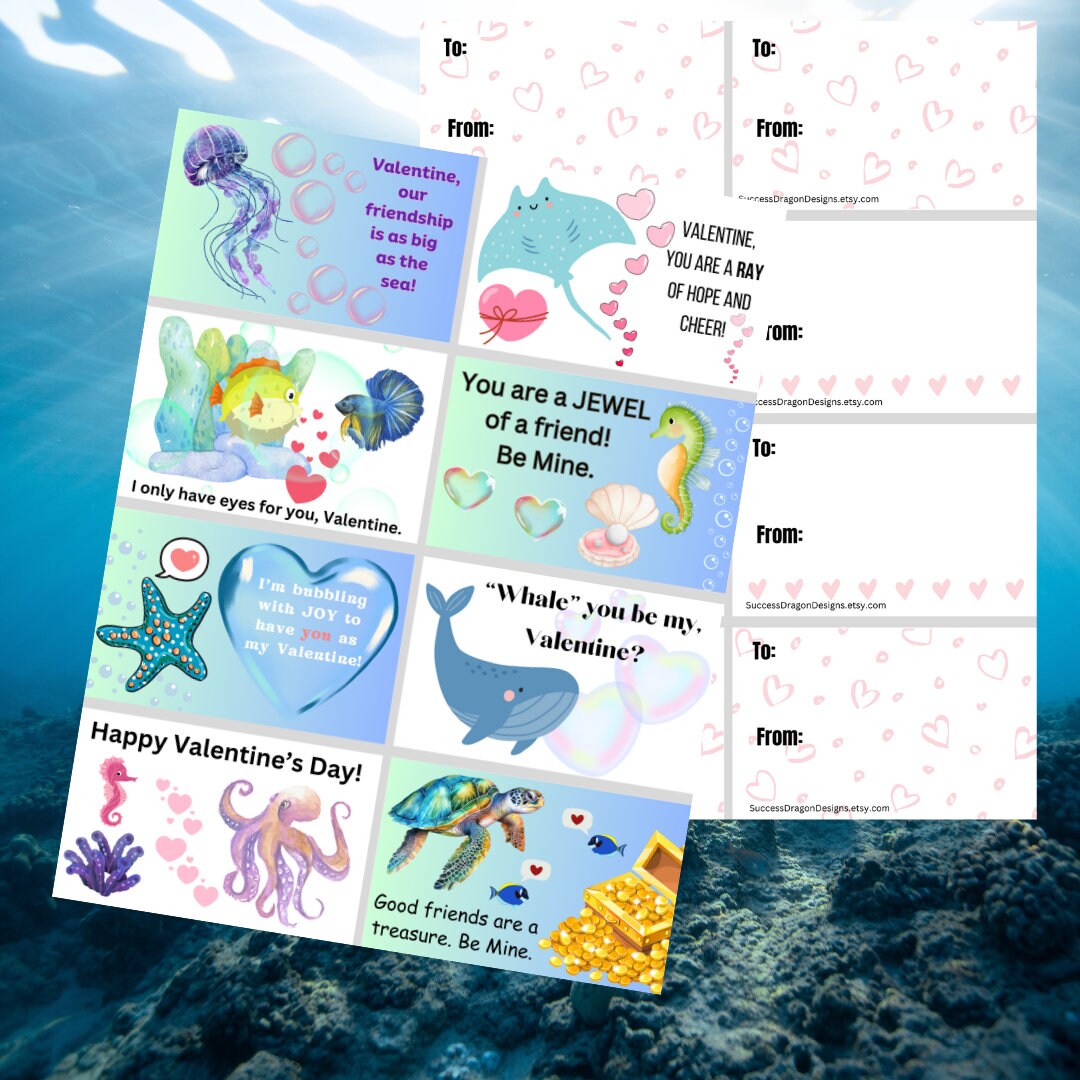 Printable Sea Life Valentine's Day Cards Kids Classroom Valentine Tags ...