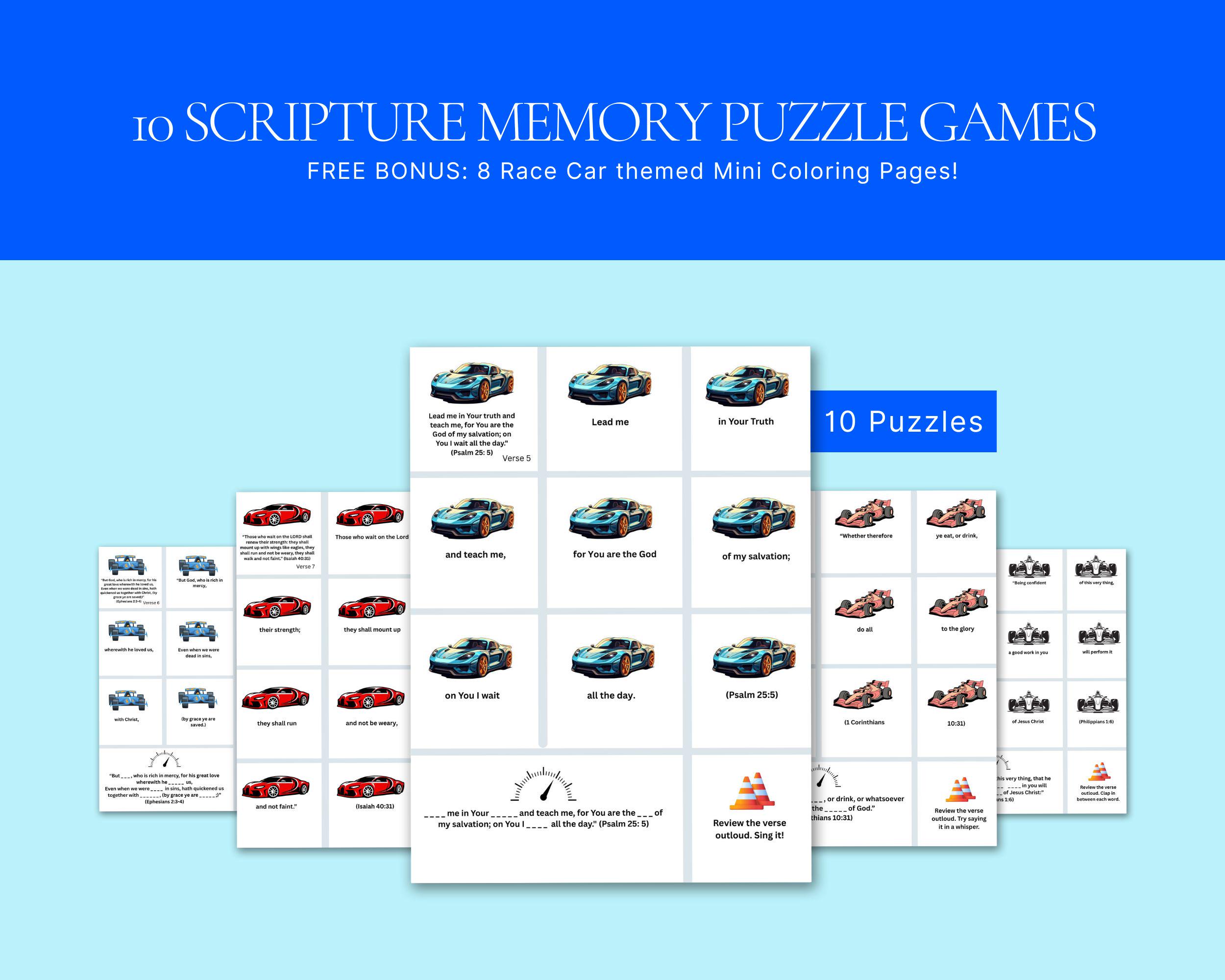 Kids Memory Verse Puzzles Race Car Printable Scripture Puzzle Set Bible ...