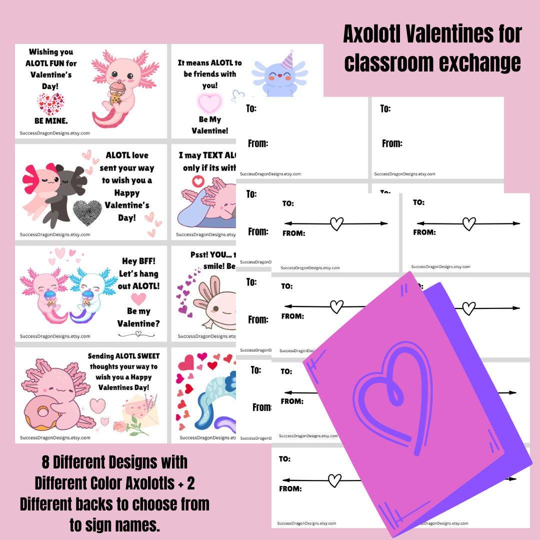 Axolotl Valentine Cards Kids Classroom Exchange Valentine Party ...