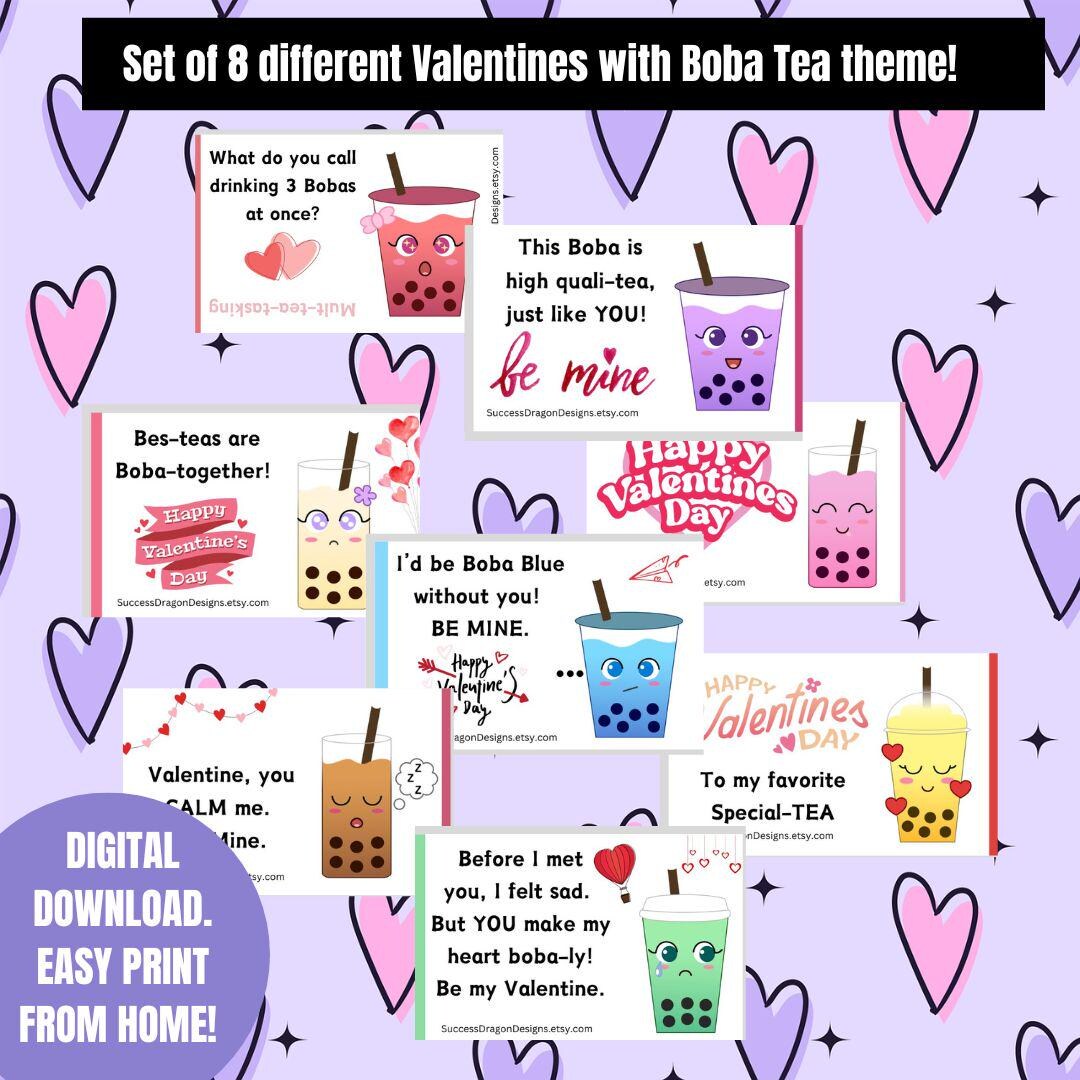 Boba Tea Valentines Day Cards Printable Kids Classroom Valentine Cards ...