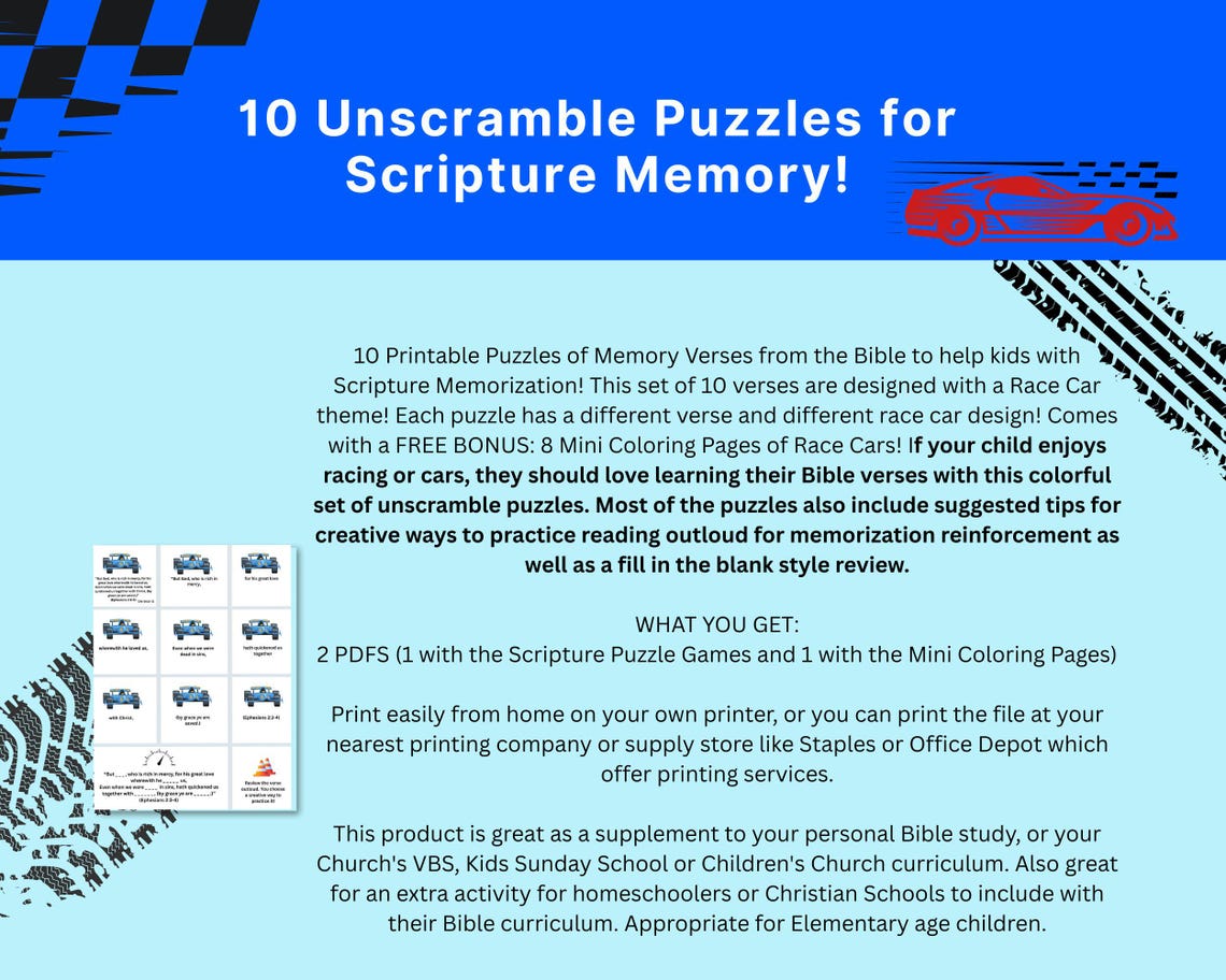 Kids Memory Verse Puzzles Race Car Printable Scripture Puzzle Set Bible ...
