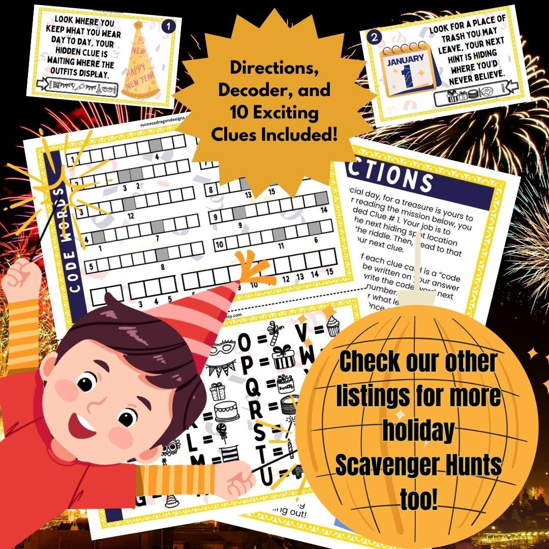 Kids New Years Scavenger Hunt Game With Decoder Clues New Years Eve ...