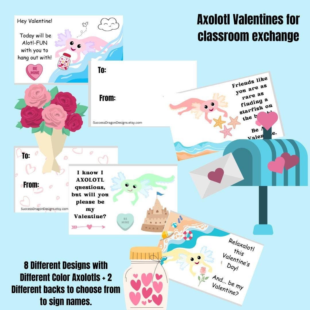 Printable Axolotl Valentines Day Cards Kids Classroom Valentine Party ...