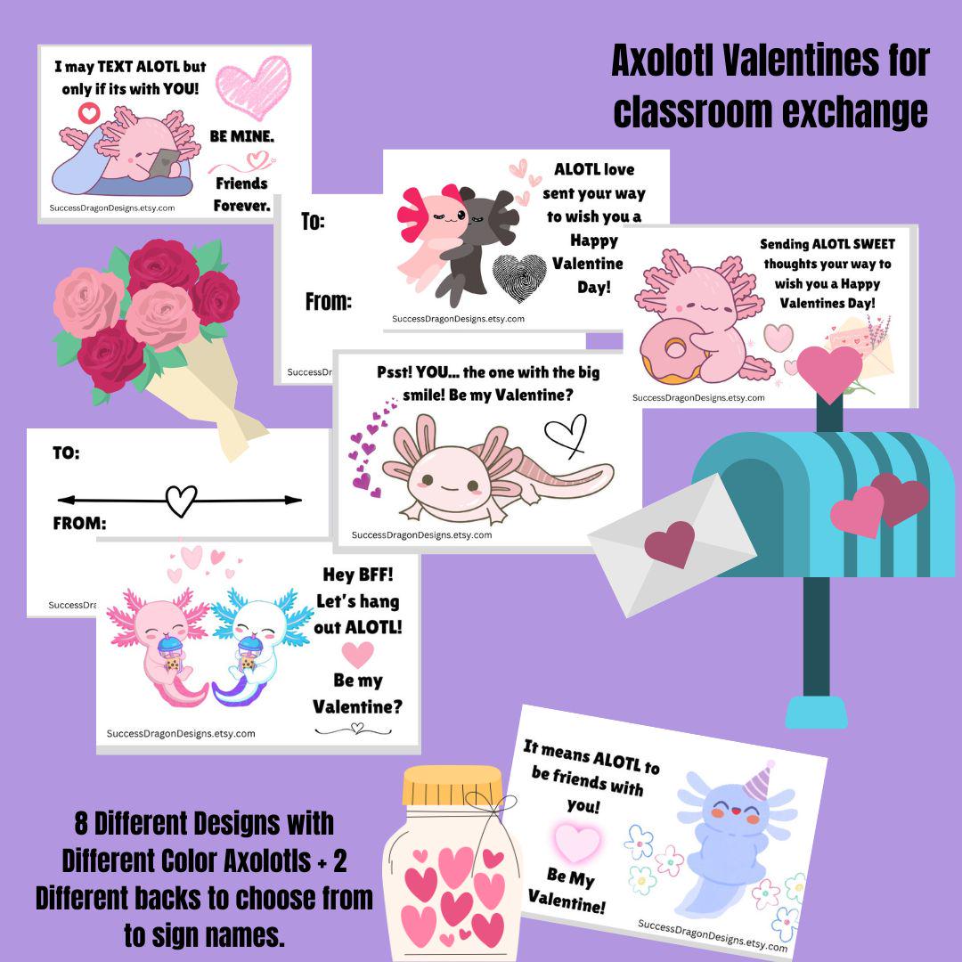 Axolotl Valentine Cards Kids Classroom Exchange Valentine Party ...