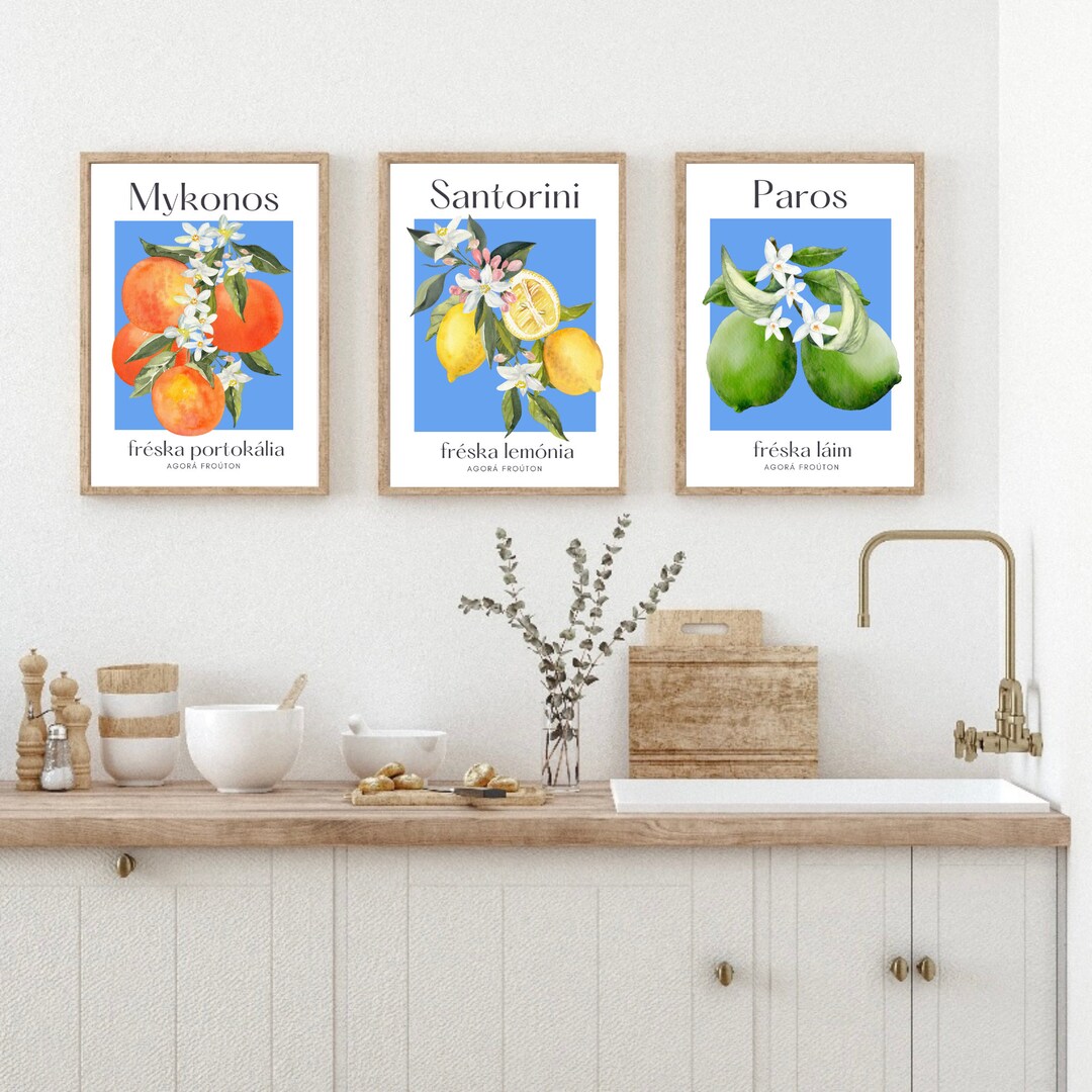 Citrus Fruit Print, Greece Print, Set of 3 Fruit Art Prints, Fruit Wall ...