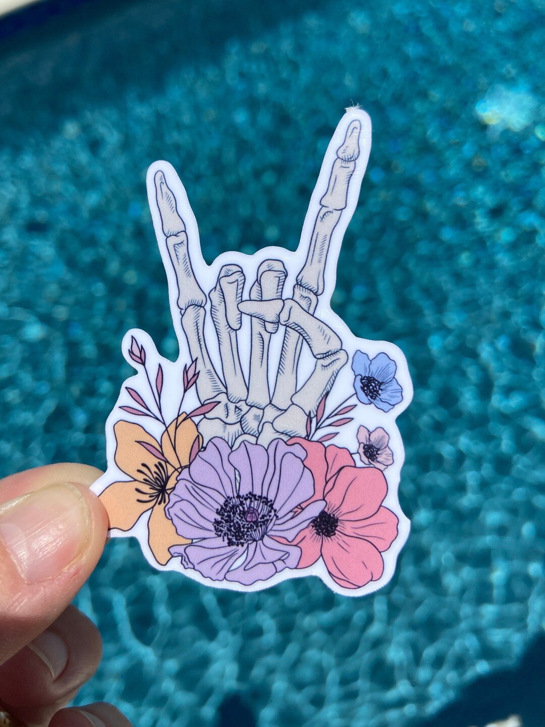 Skeleton Hand Sticker With Flowers for Laptop and Water Bottles, Trendy ...