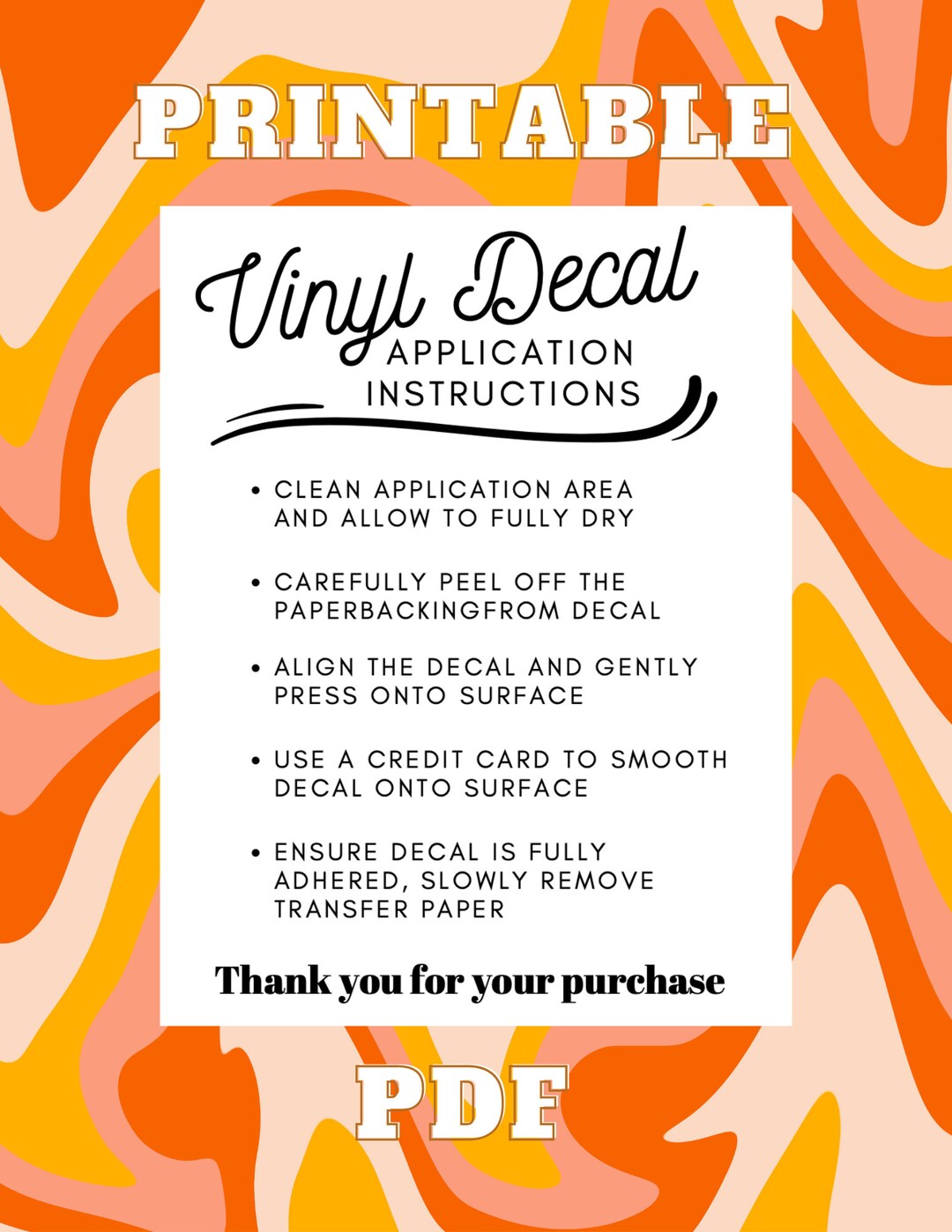 Vinyl Decal Application Card, Printable Vinyl Decal Care Card ...
