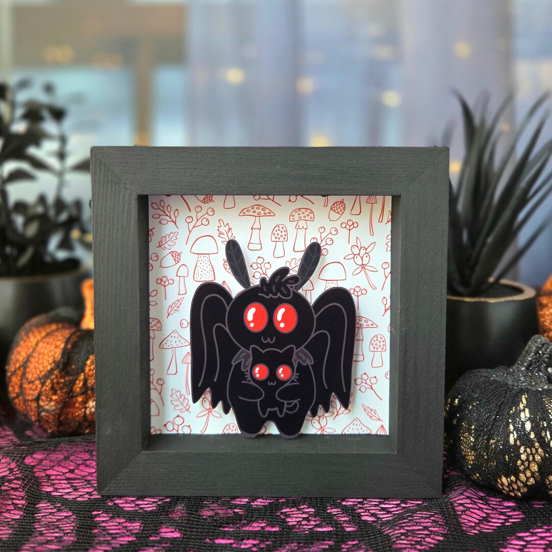 Cute Mothman and Cat Shadow Box, Wooden Cryptid Decor Indoor, Small ...