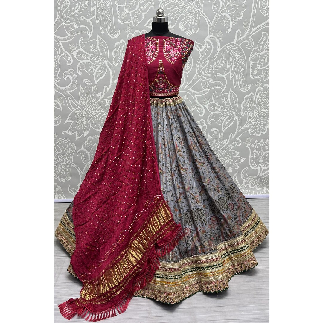 Grey Pure Silk Lehenga Choli for Women, Ready to Wear Printed Lengha ...