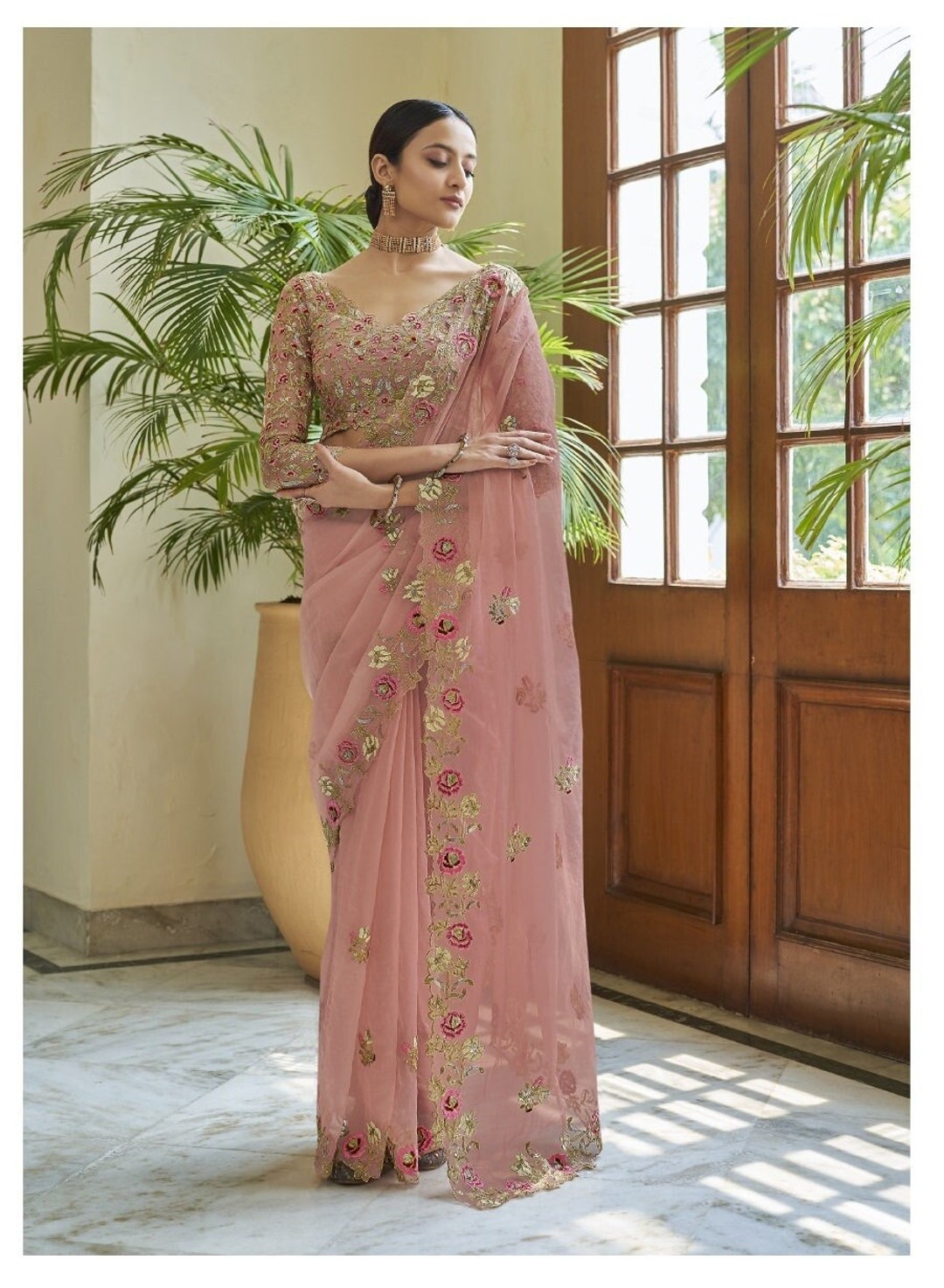 Indian Wedding Organza Silk Saree in Pink and Majenta With Sequence ...