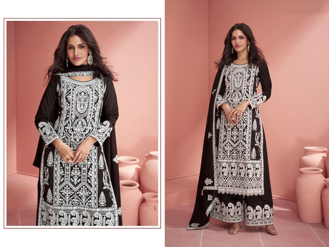 Wondrous Black Designer Sharara Suit With Embroidery Work Pakistani ...