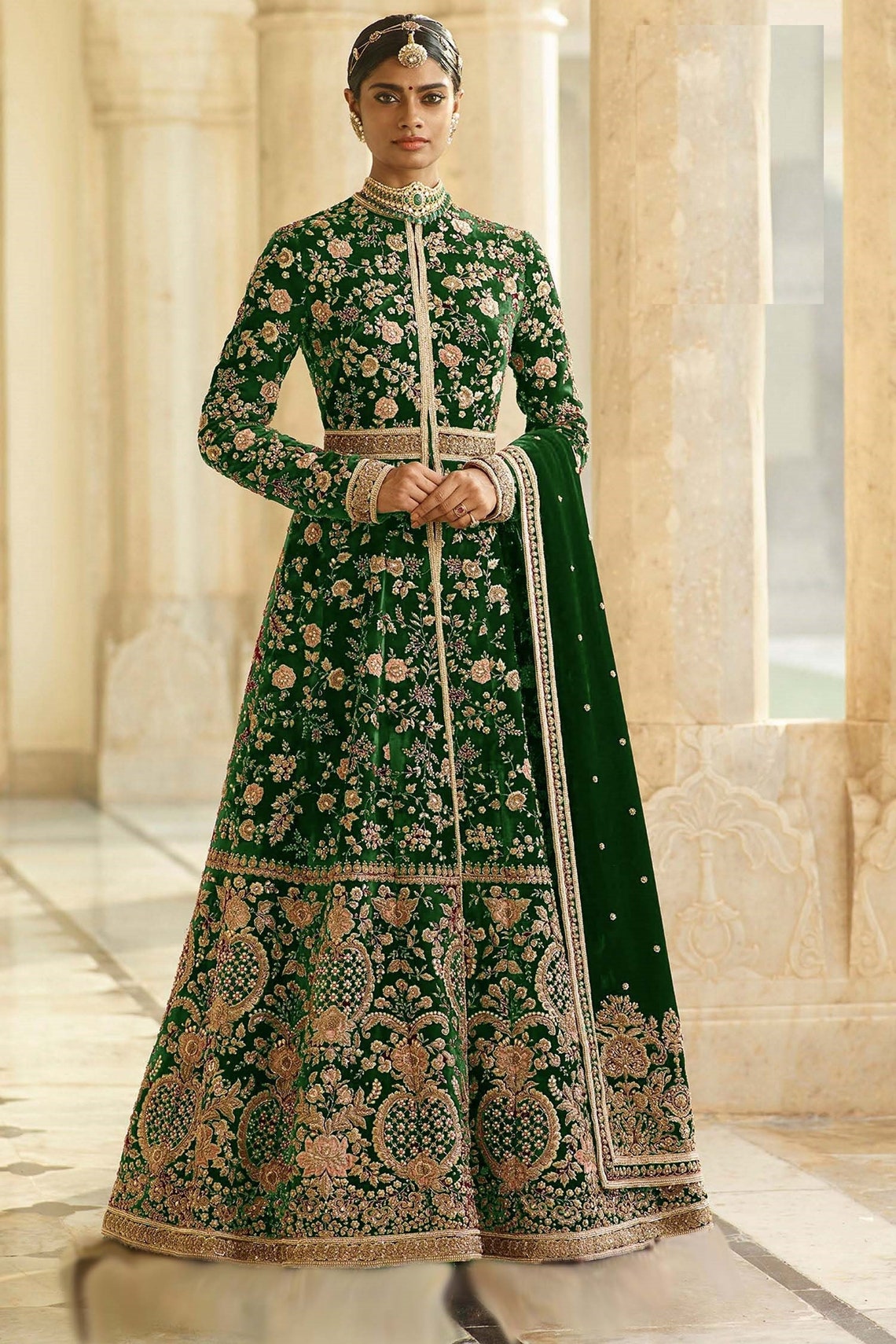 Buy Pakistani Green Wedding Dress for Women Designer Velvet Dress ...