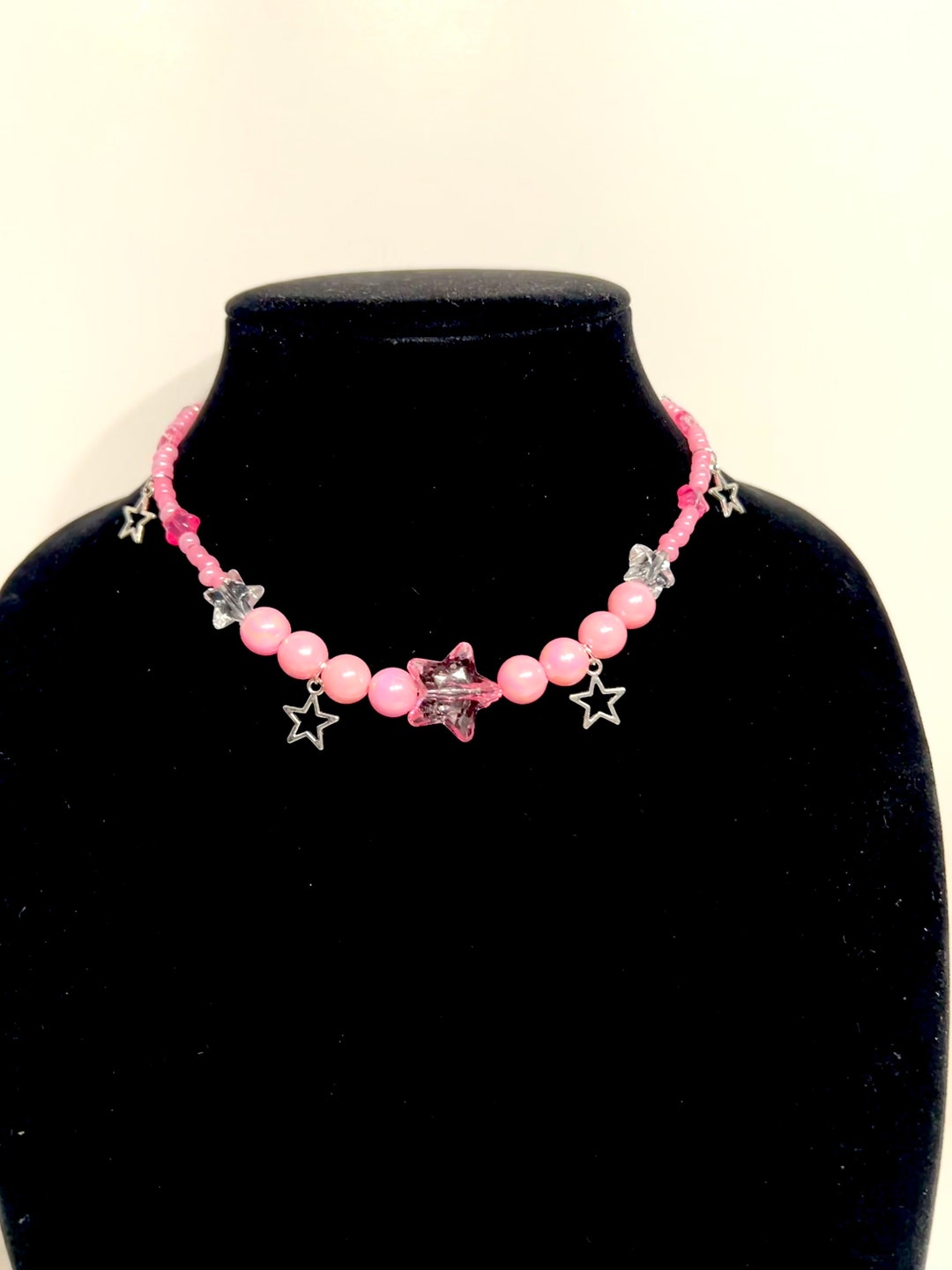 Pink Starry Sky Pink Star Necklace Silver Star Charms Star Beads Beaded ...